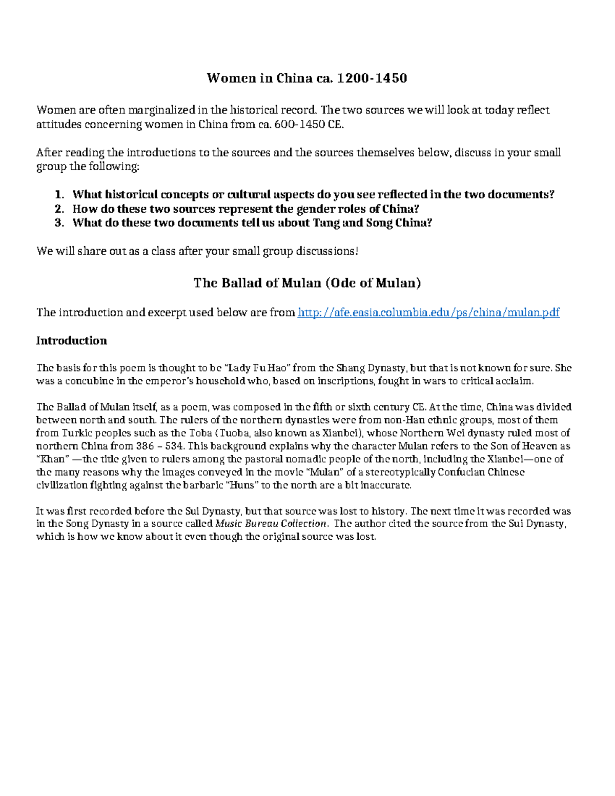 Ballad of Mulan & Analects: Gender Roles in China (ca. 600-1450 CE ...