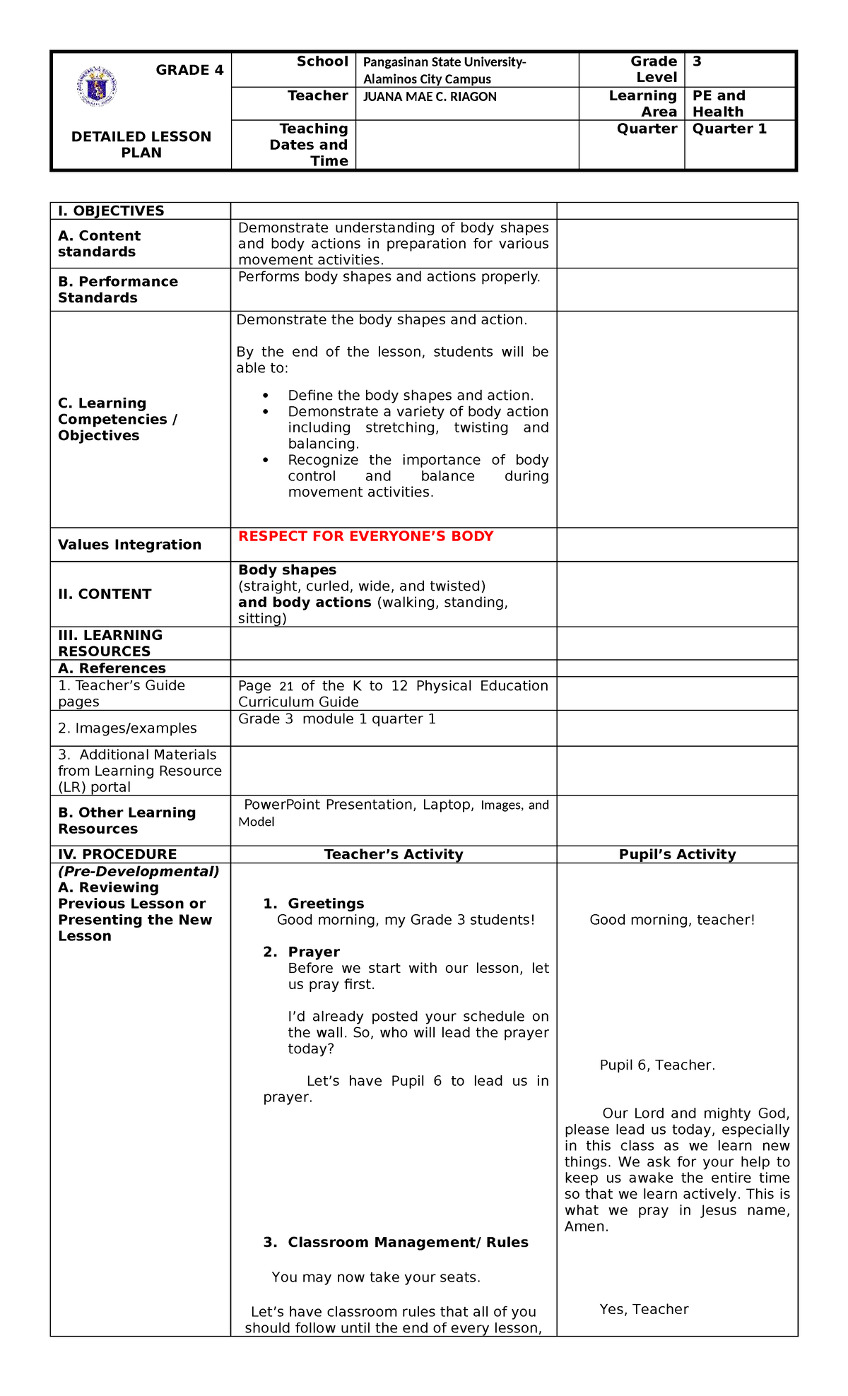 DLP PE - Detailed Lesson Plan for Grade 4 Body Shapes and Actions - Studocu