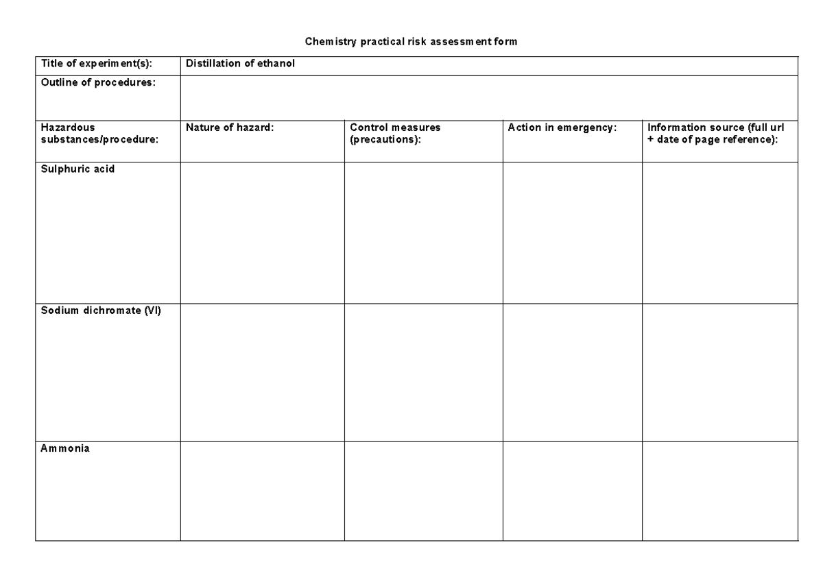 Chemistry risk assessment form - Chemistry practical risk assessment ...