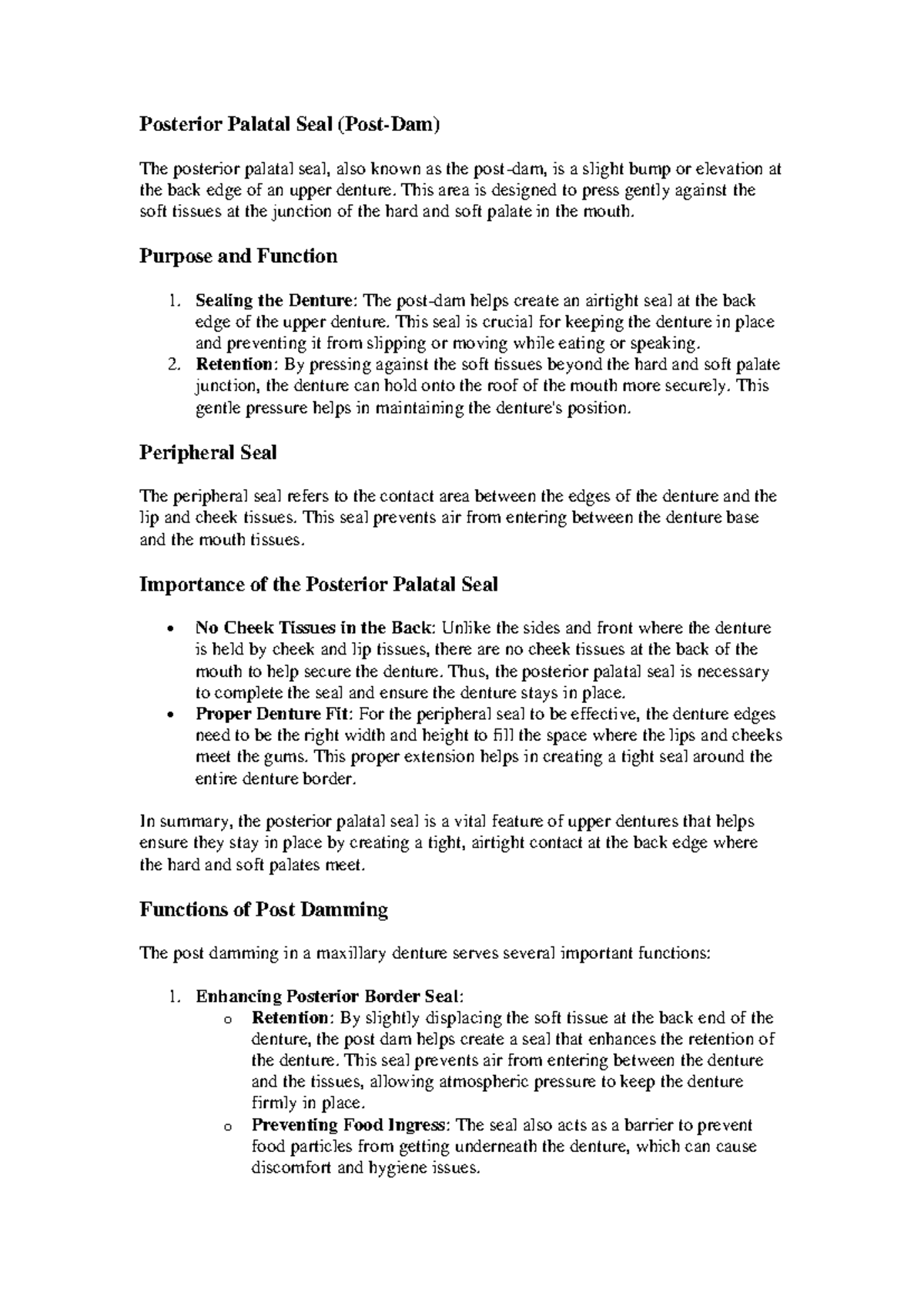 Post Sam summary - Posterior Palatal Seal (Post-Dam) The posterior ...