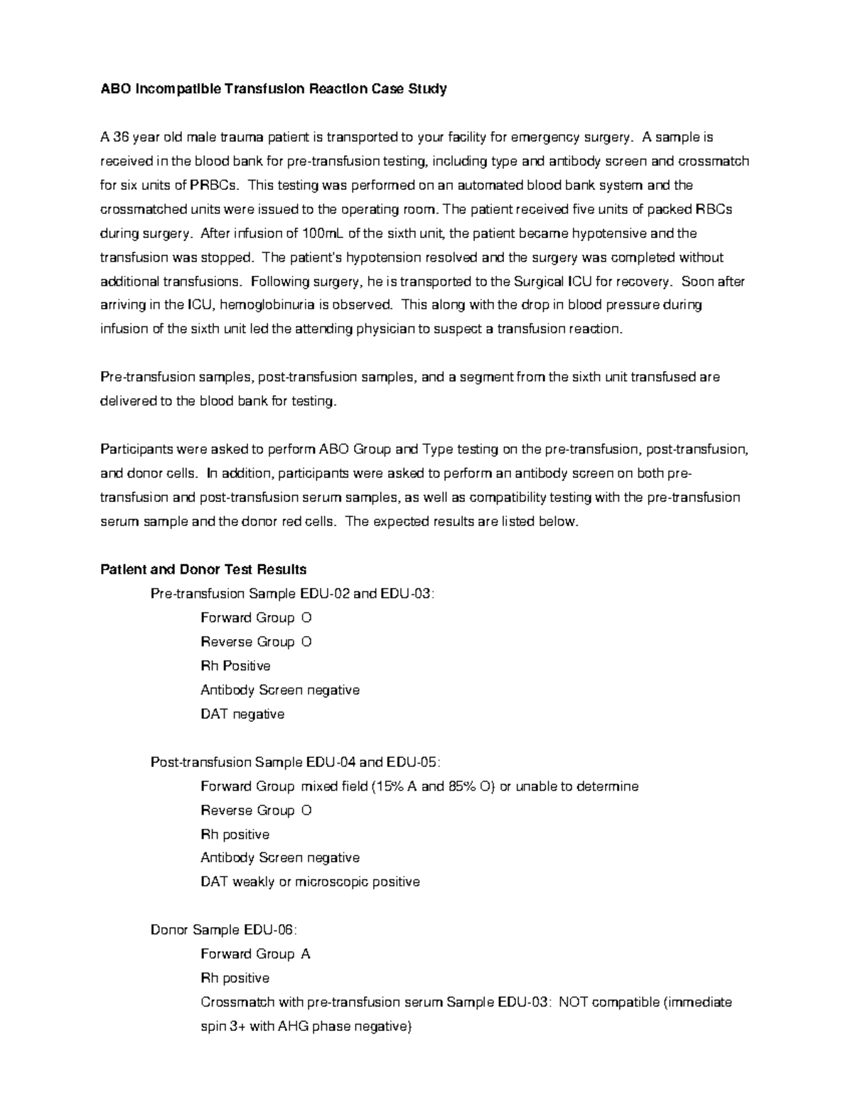 ABO Incompatibility in Transfusion: Case Study Analysis - Studocu