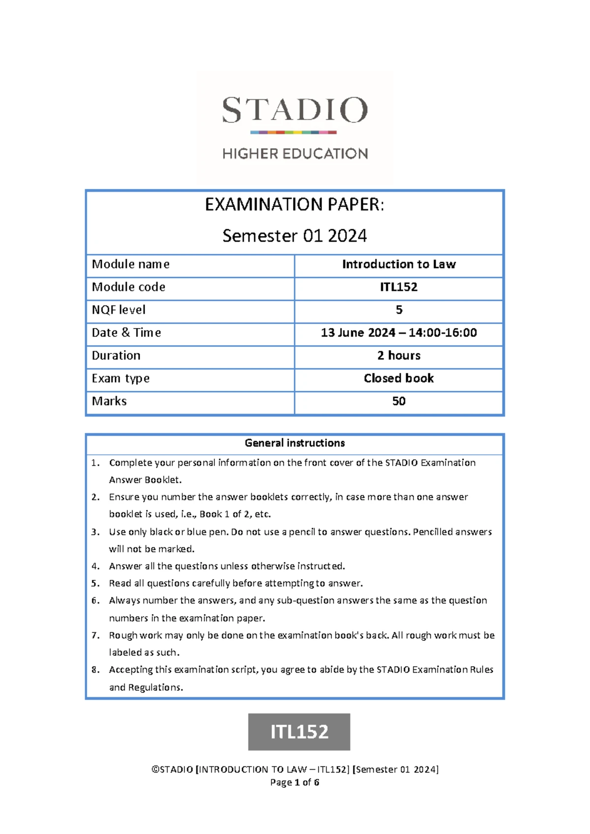 ITL152 2024 Semester 2 Examination Paper: Introduction to Law - Studocu
