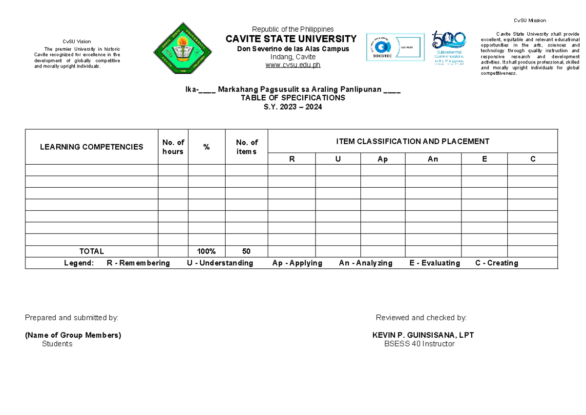 CvSU BSESS 40 Final Task Template: Vision, Mission & Specifications ...