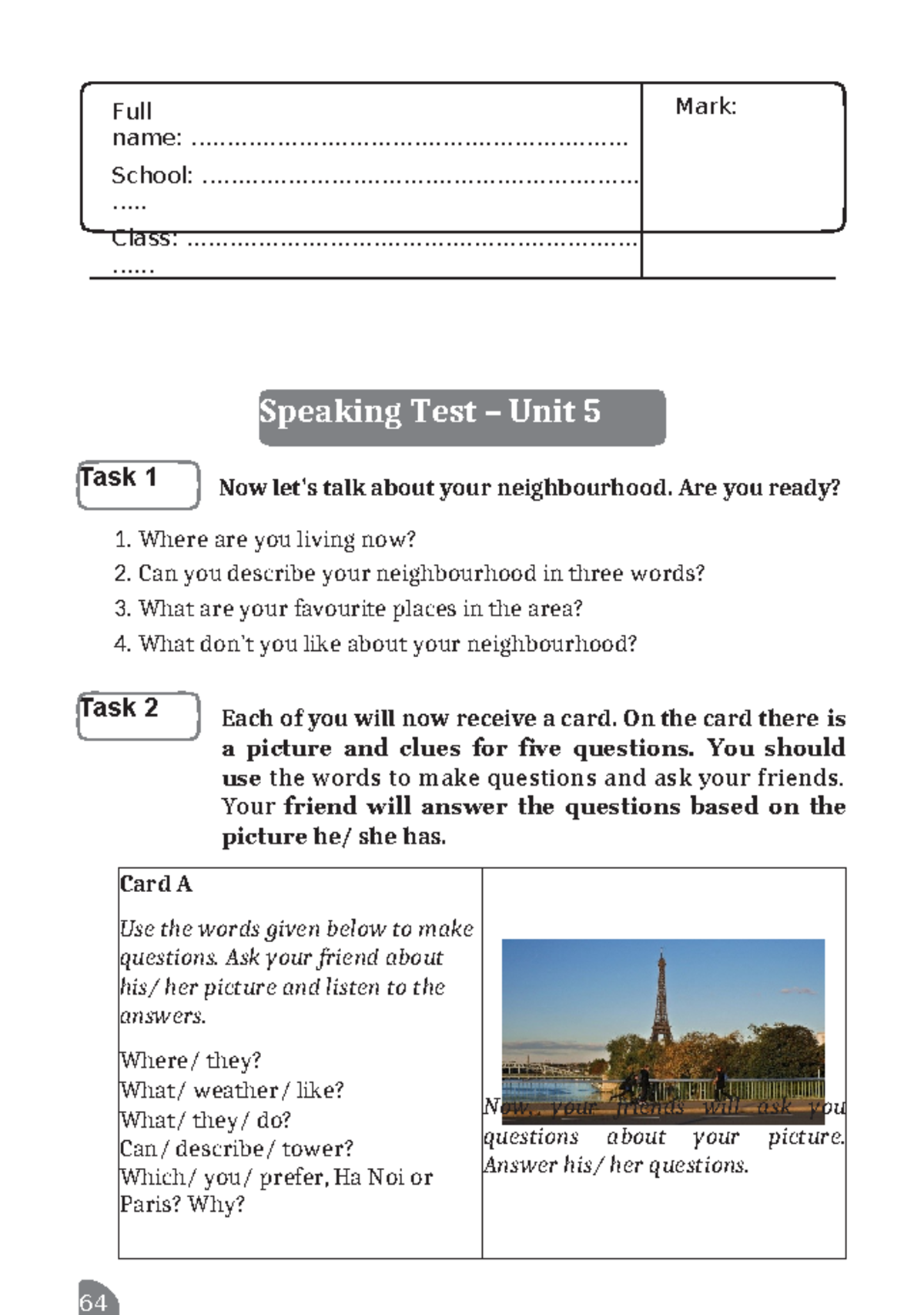 Speaking Test – Unit 5 - Neighbourhood Discussion Guide - Studocu
