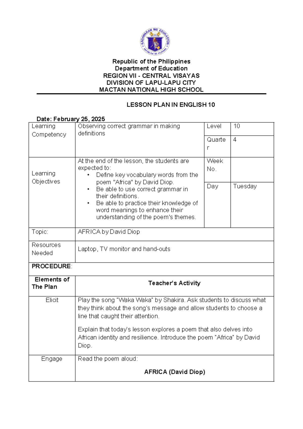 Final Lesson Plan: Exploring "Africa" by David Diop (ENG 10) - Studocu