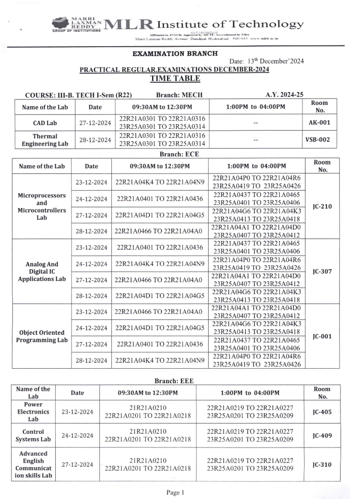 Practical III B Tech I Sem Regular Examinations Dec-2024 Time Table - MARRI LAXMAN REDDY MLR ...