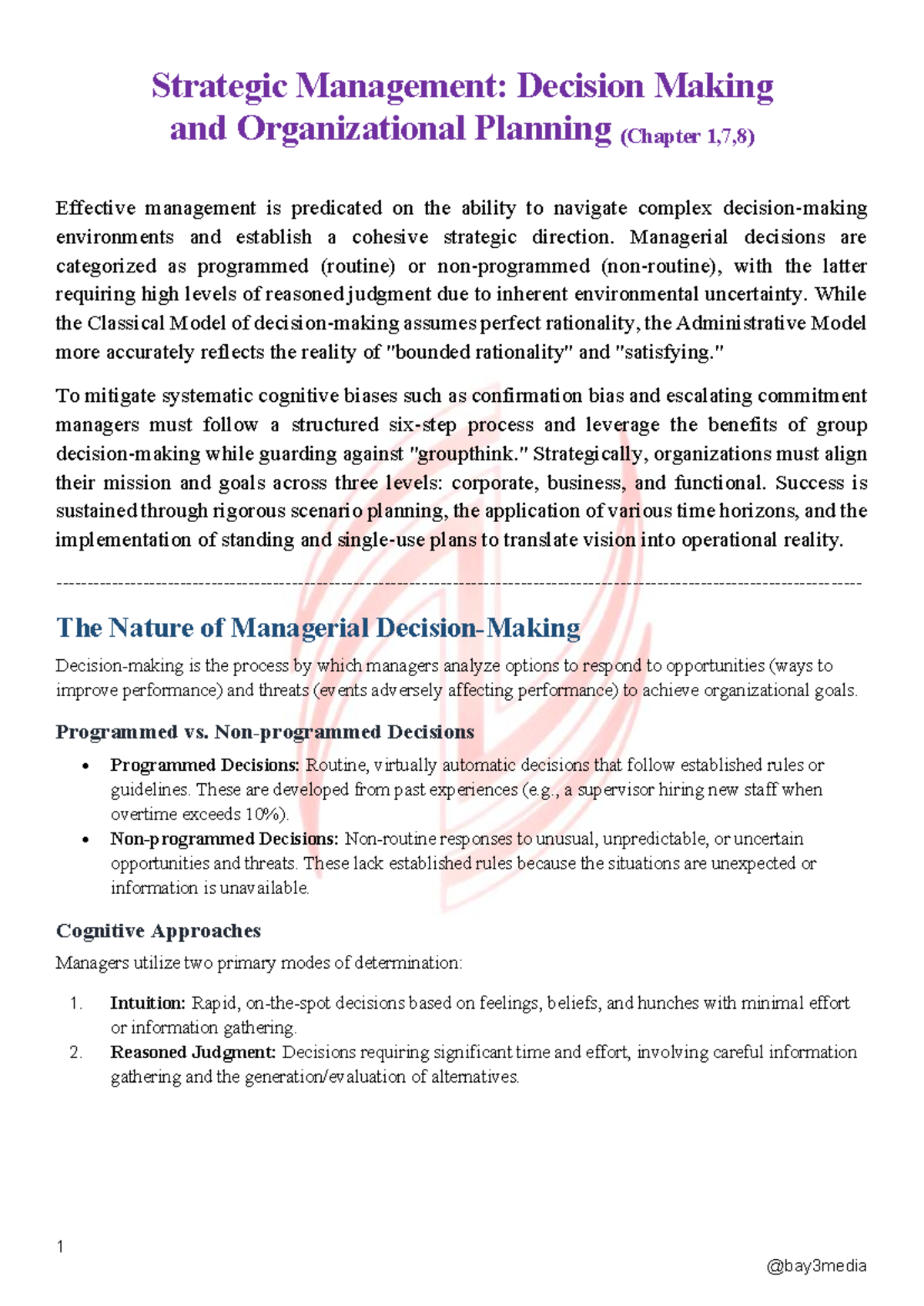 Strategic Management (MGT 101): Decision Making & Planning (Ch. 1, 7, 8 ...