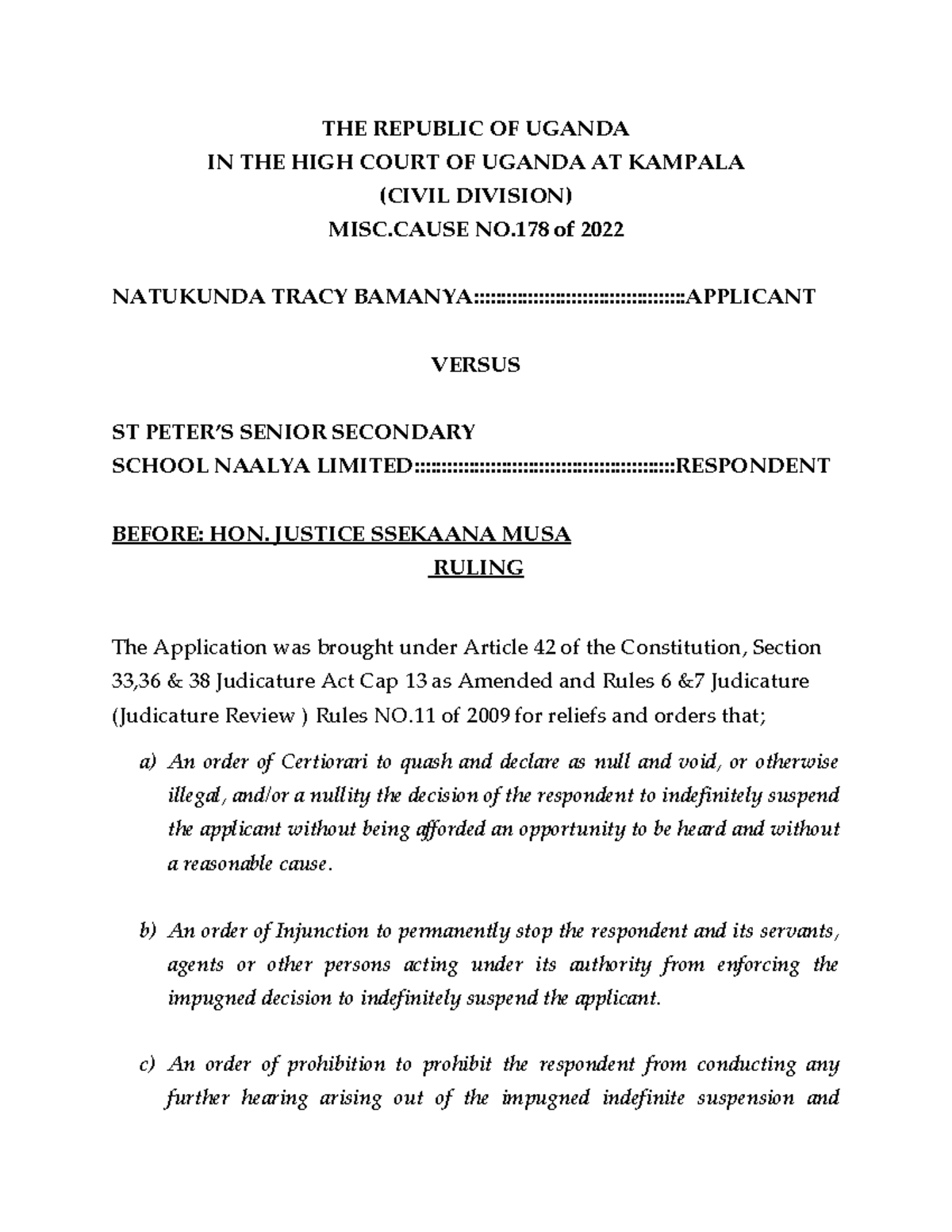 Natukunda v St. Peter's S.S. Naalya (Misc. Cause 178/2022) Ruling 2023 ...