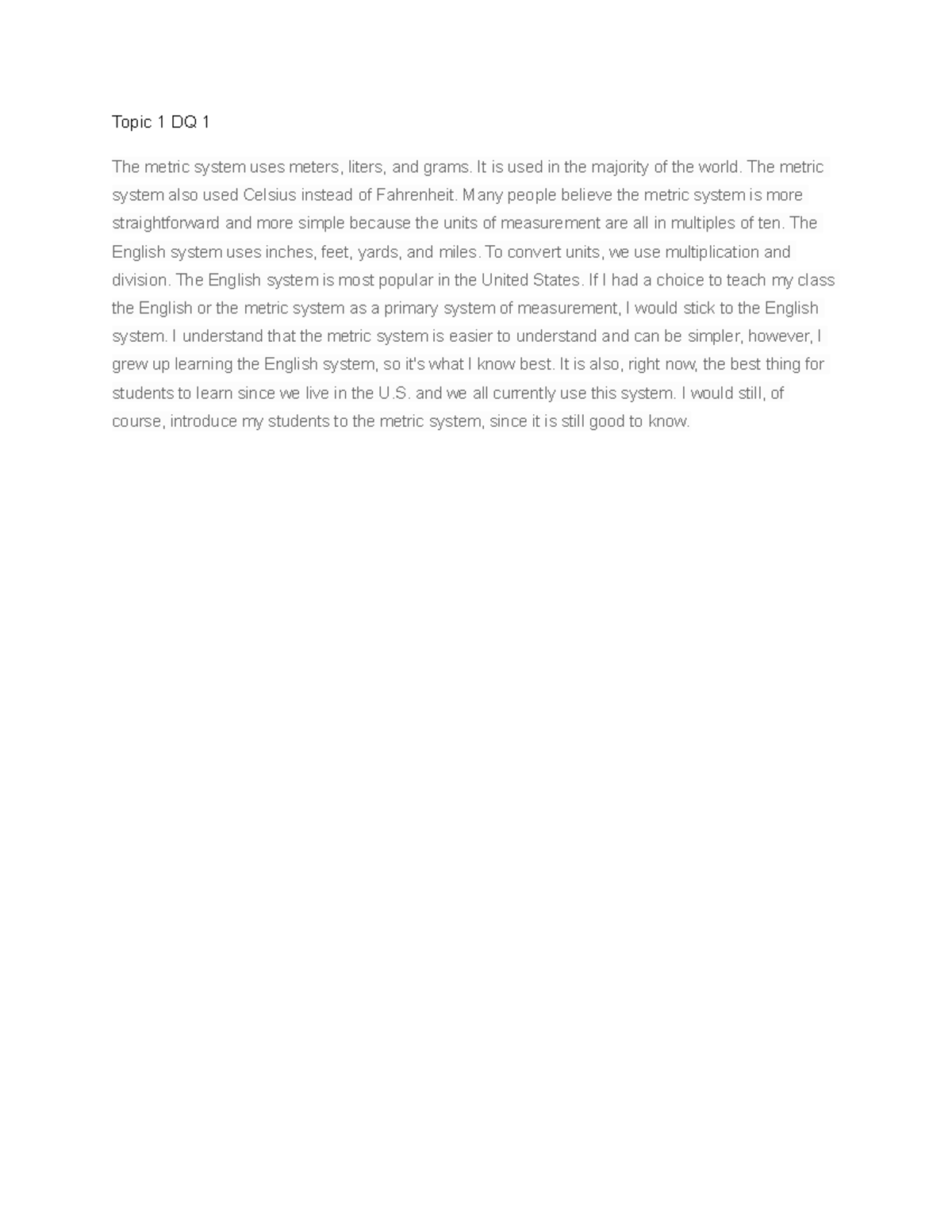 Mat 151 Topic 1 Discussion Question 1: Metric vs. English System - Studocu