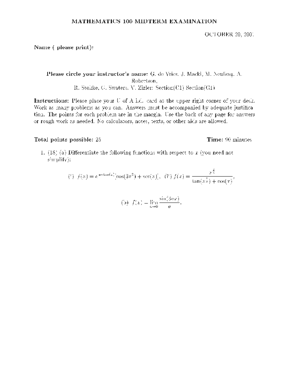 MATH 100 MIDTERM EXAMINATION FALL 2001 - QUESTIONS & INSTRUCTIONS - Studocu