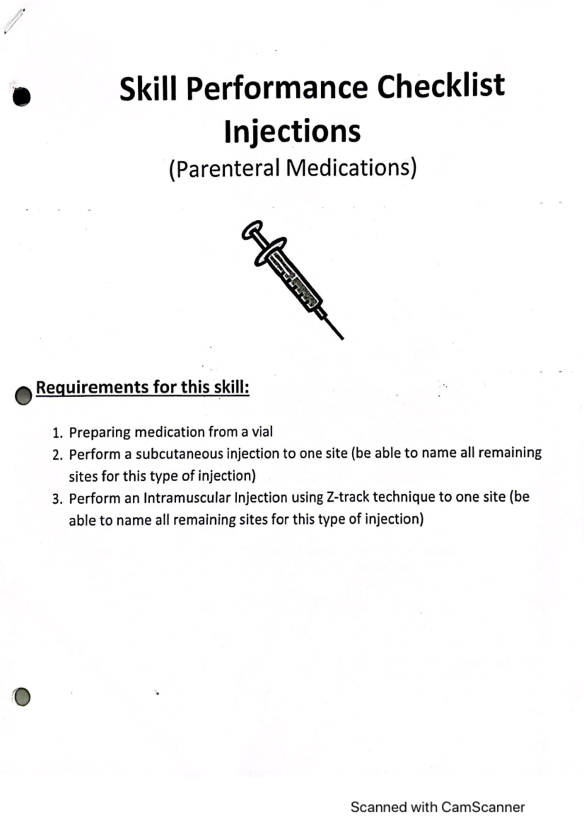 Nursing Skill Performance Injection - Skill Performance Checklist ...
