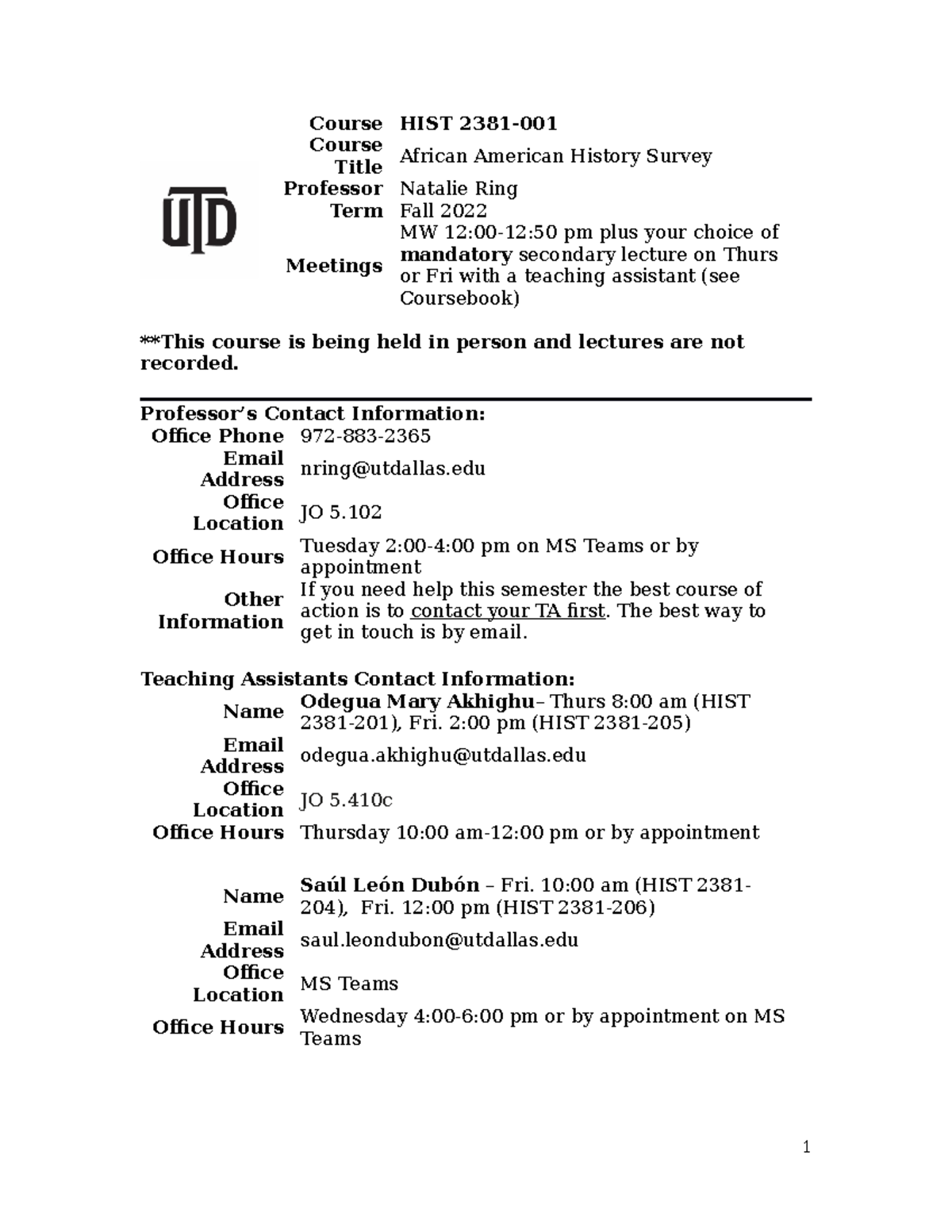 HIST 2381 - Fall 2022 Syllabus for African American History Survey ...