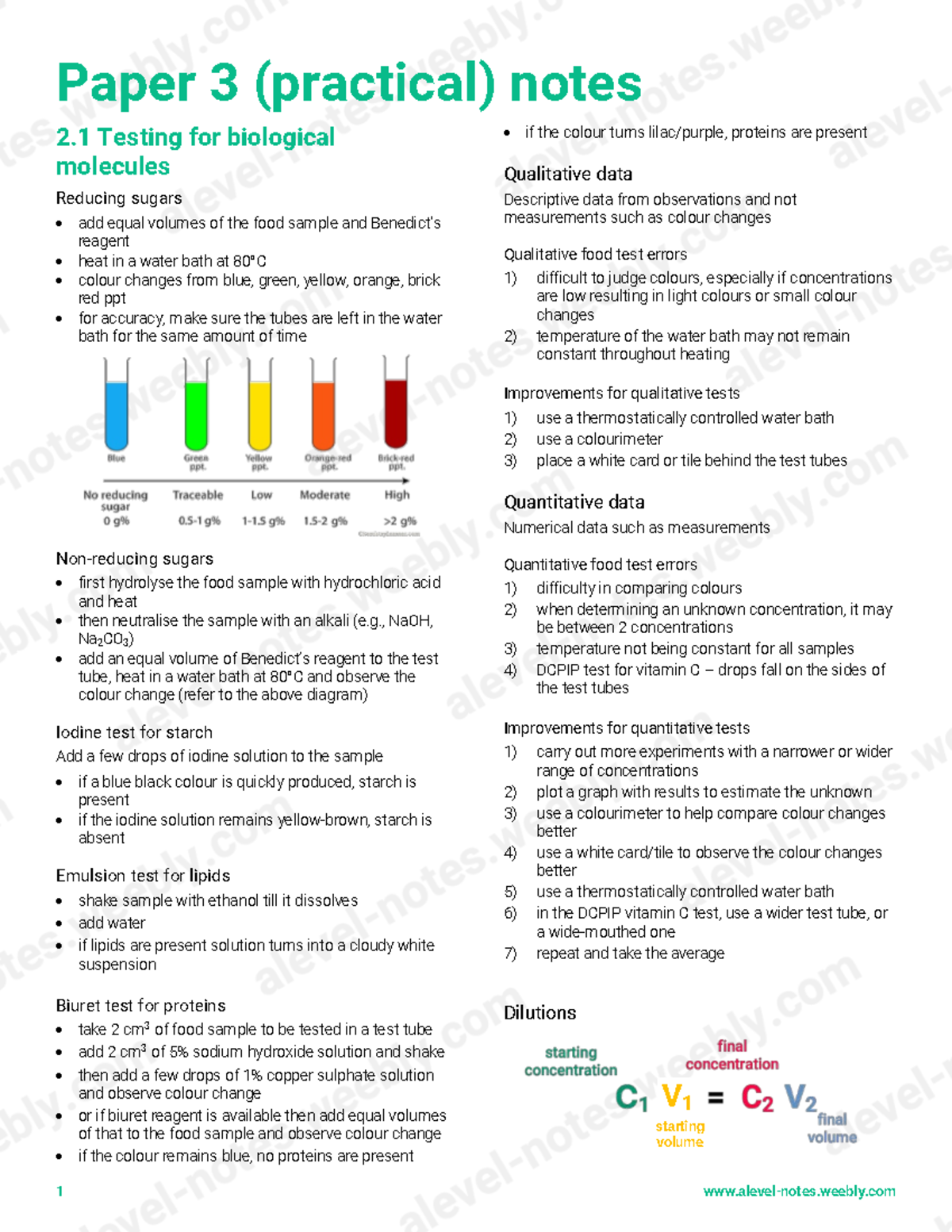Biology Paper 3 (Practical) Notes: Testing for Biological Molecules ...