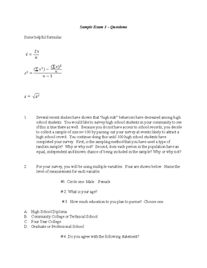 Data Analysis Exam 4 Sample Questions - Sample Questions for Exam 4 For ...