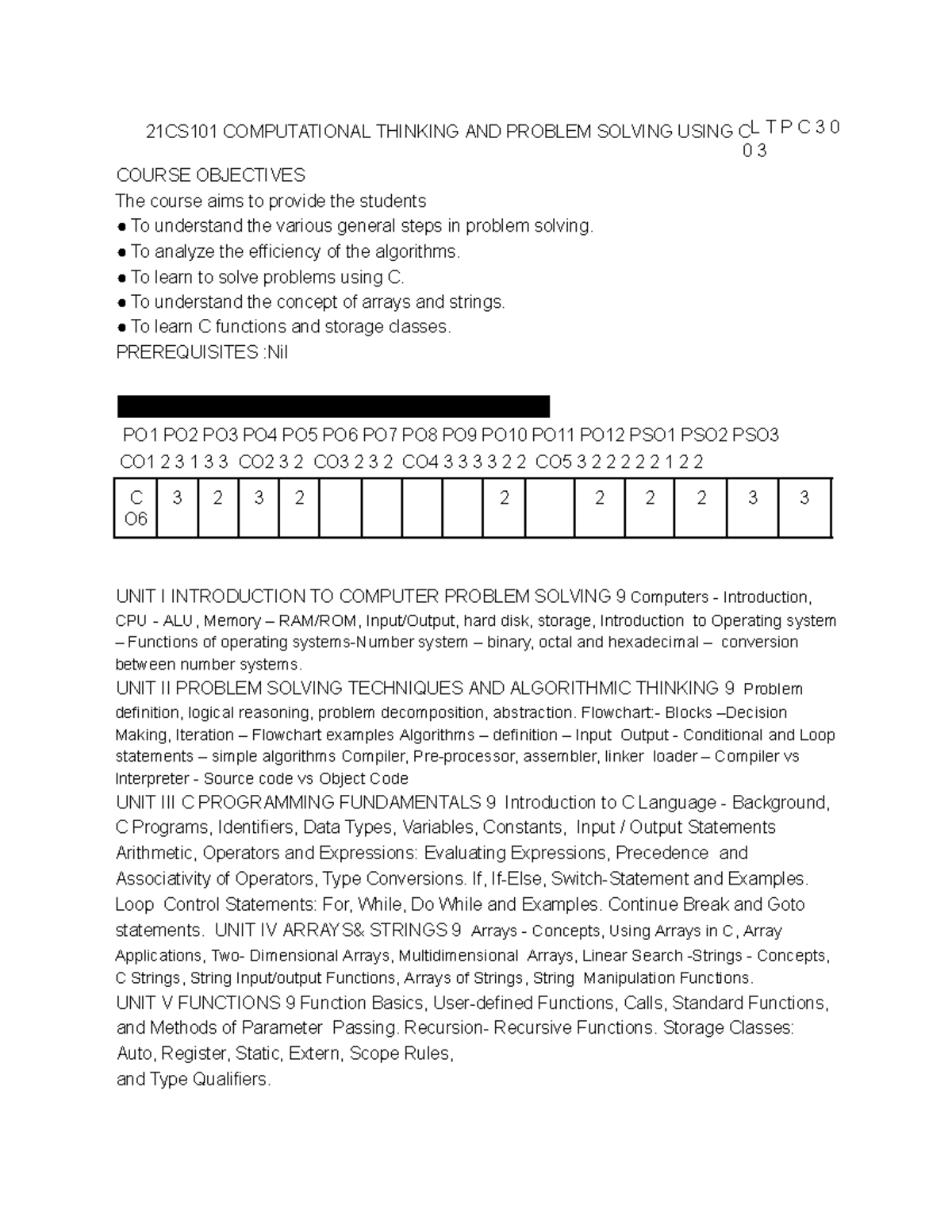 CTPS Syllabus - 21CS101 COMPUTATIONAL THINKING AND PROBLEM SOLVING USING CL T P C 3 0 0 3 COURSE ...