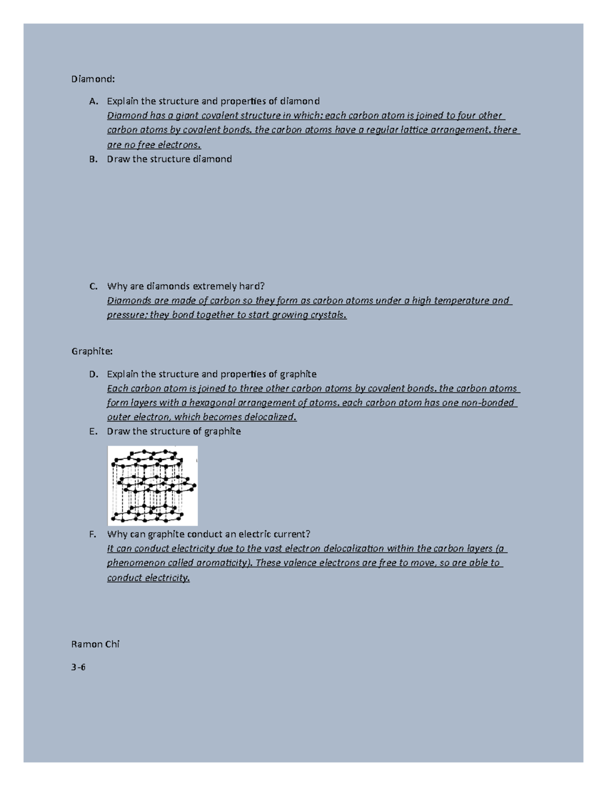Documentdiamond and graphite 3-6 - Diamond: A. Explain the structure ...