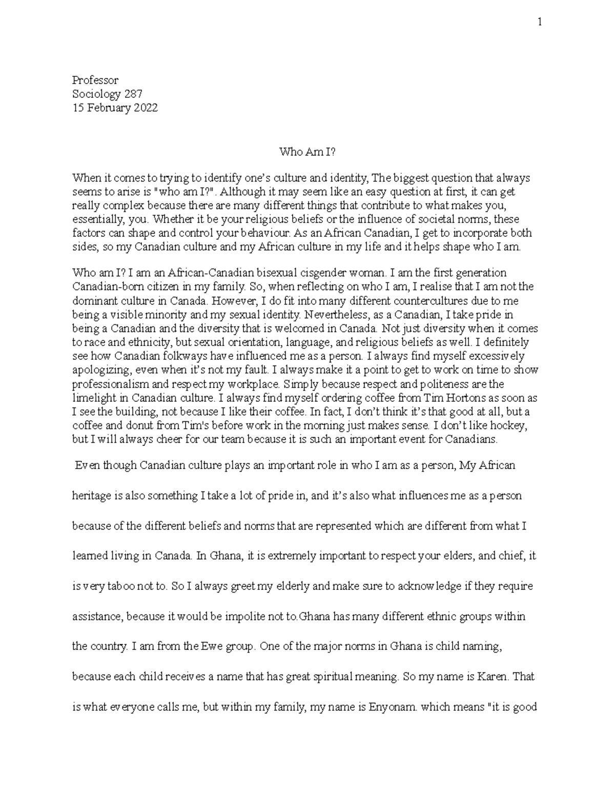 Unit 3 assignment 2 culture ( who am I) assignment - 1 Professor ...