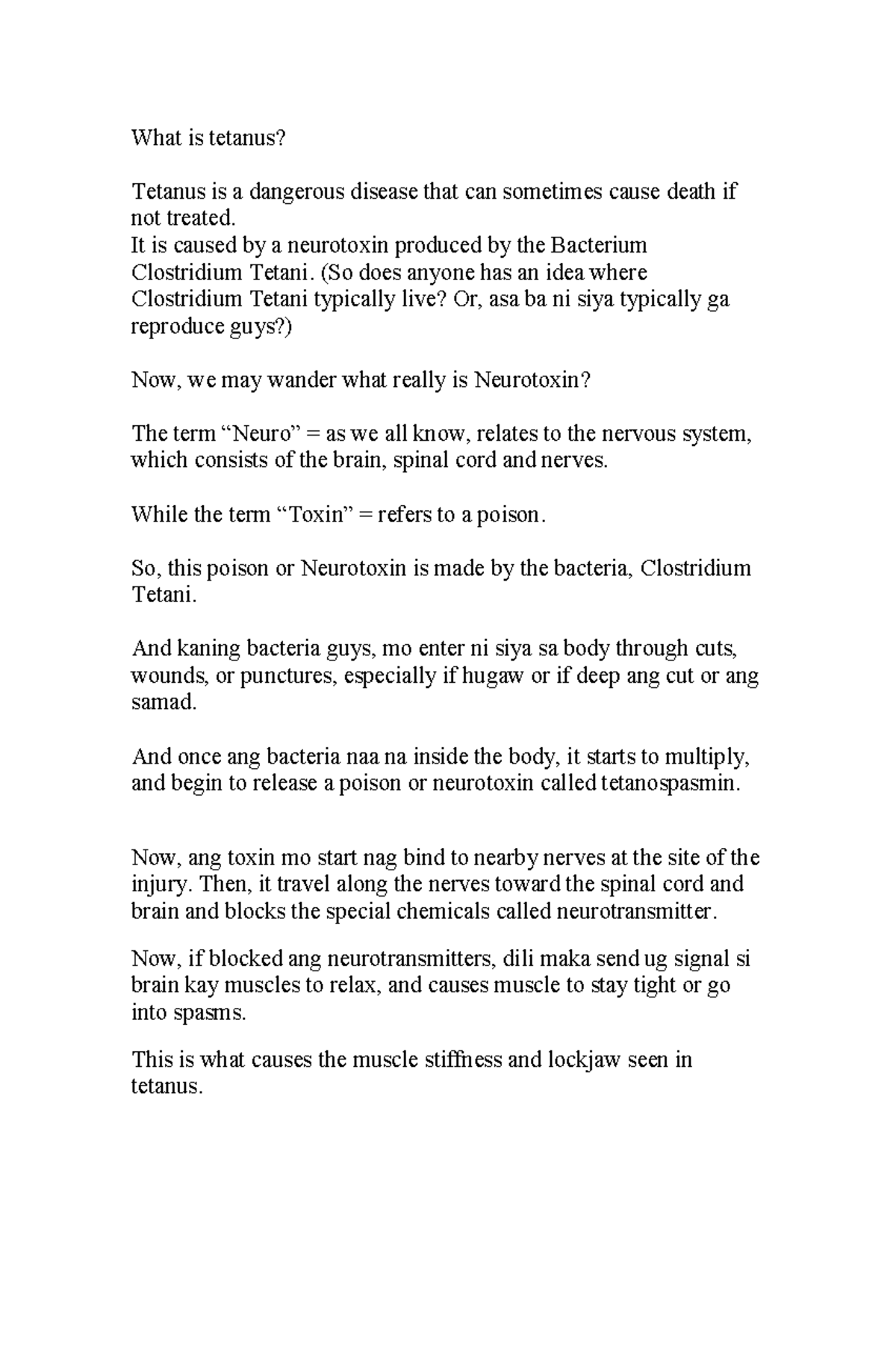 Understanding Tetanus: Causes, Effects, and Neurotoxin Role - Studocu