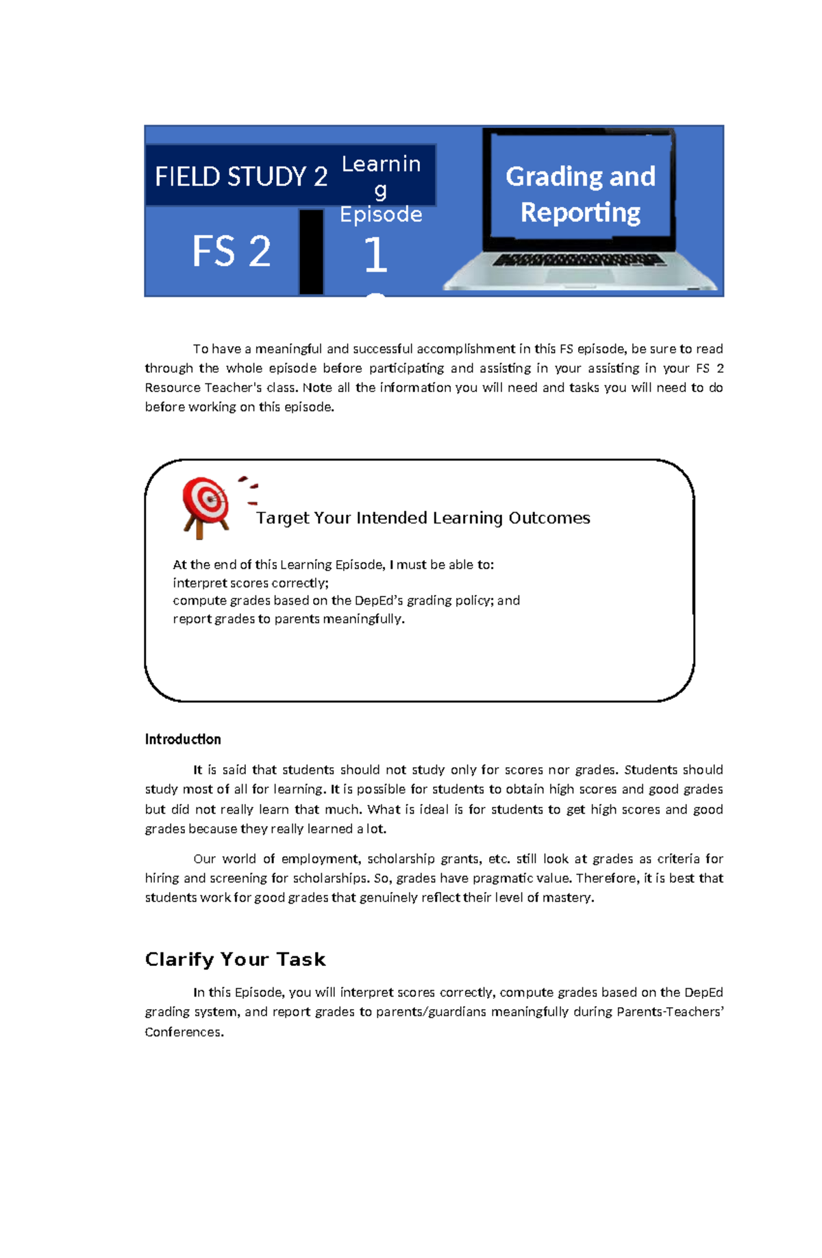 FS2 Episode 18: Grading & Reporting in Field Study 2 - Studocu