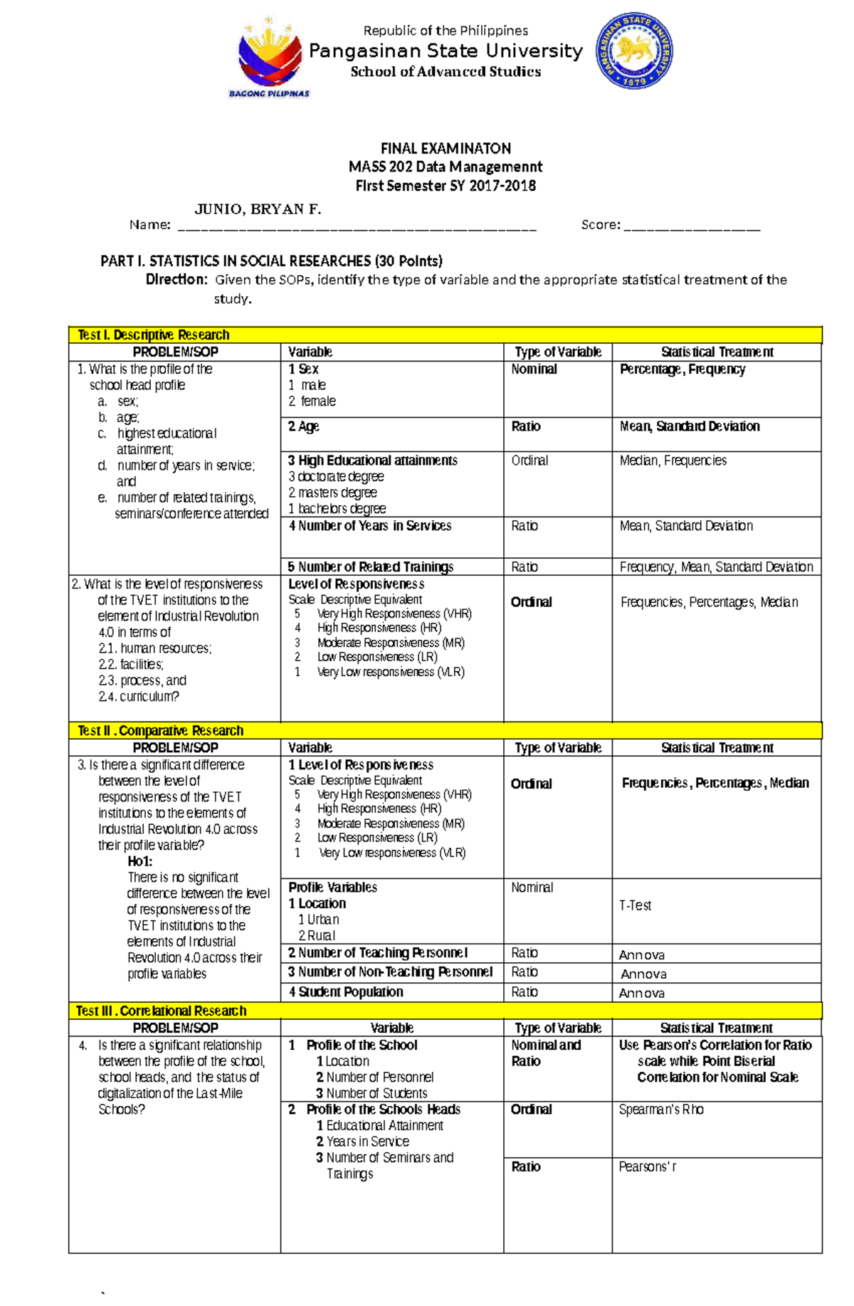 MASS 202 Final Exam: Data Management & Statistical Analysis - Studocu
