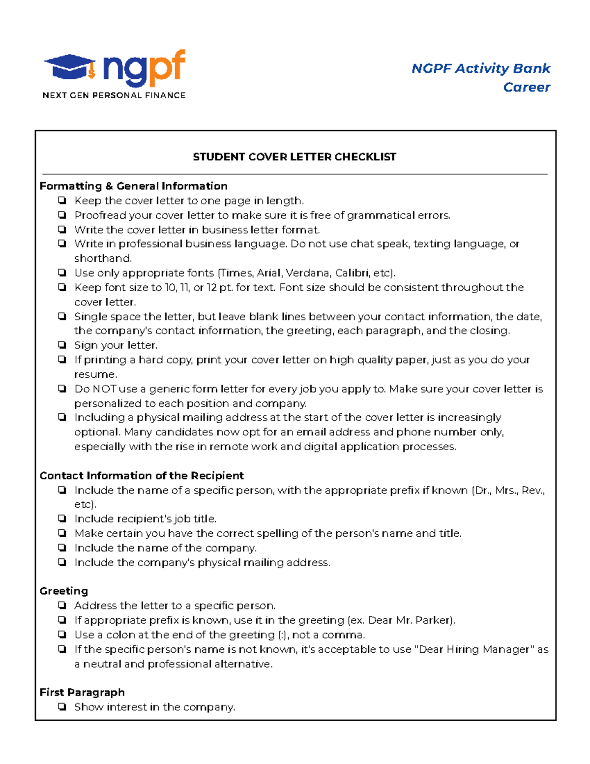 NGPF Activity Bank: Career Cover Letter Checklist for Students - Studocu
