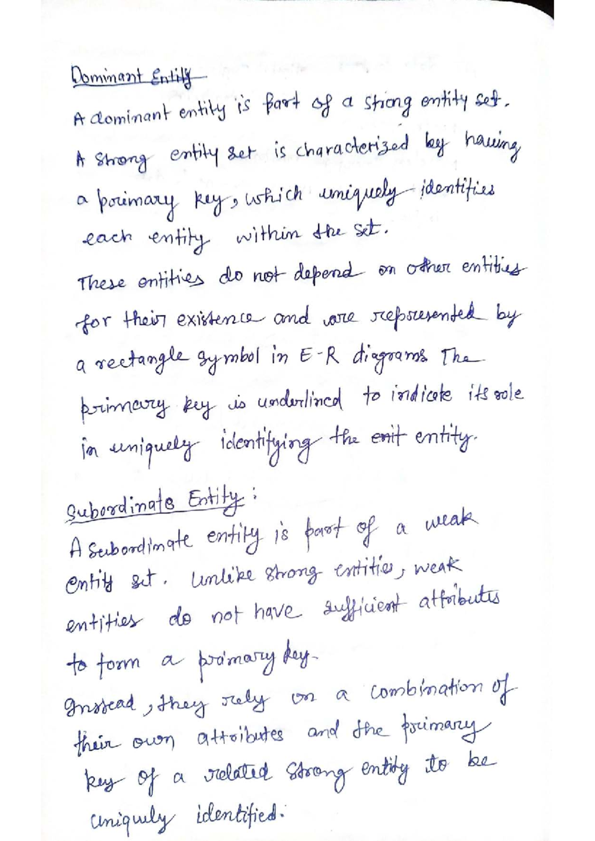 Dbms - E-R Diagram: Understanding Dominant and Subordinate Entities - Studocu