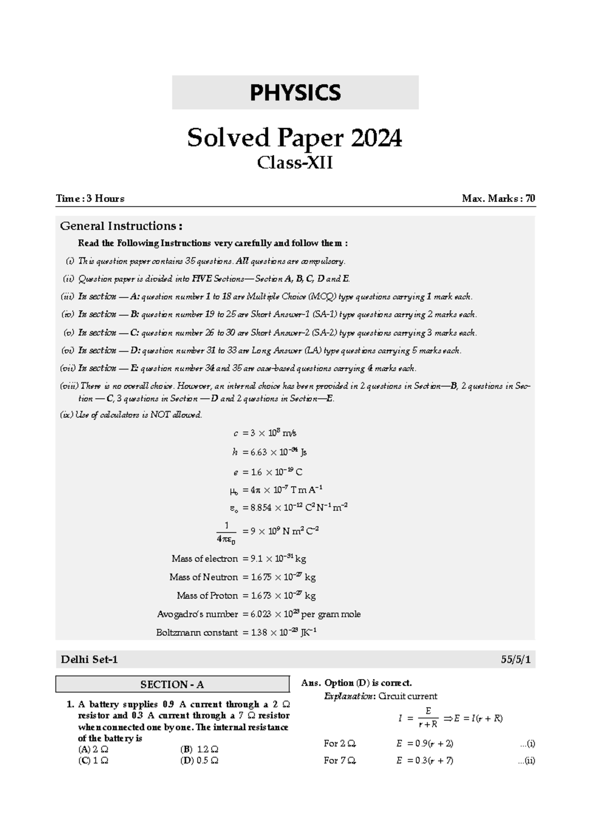 Class-12 PHYSICS Solved Paper 2024 (Delhi Set-1) - Studocu