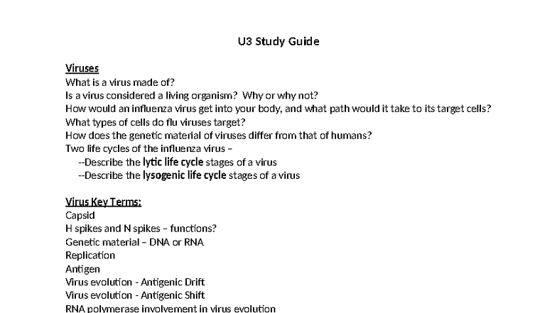 U3 Study Guide: Viruses, Immune System & Evolution Concepts - Studocu
