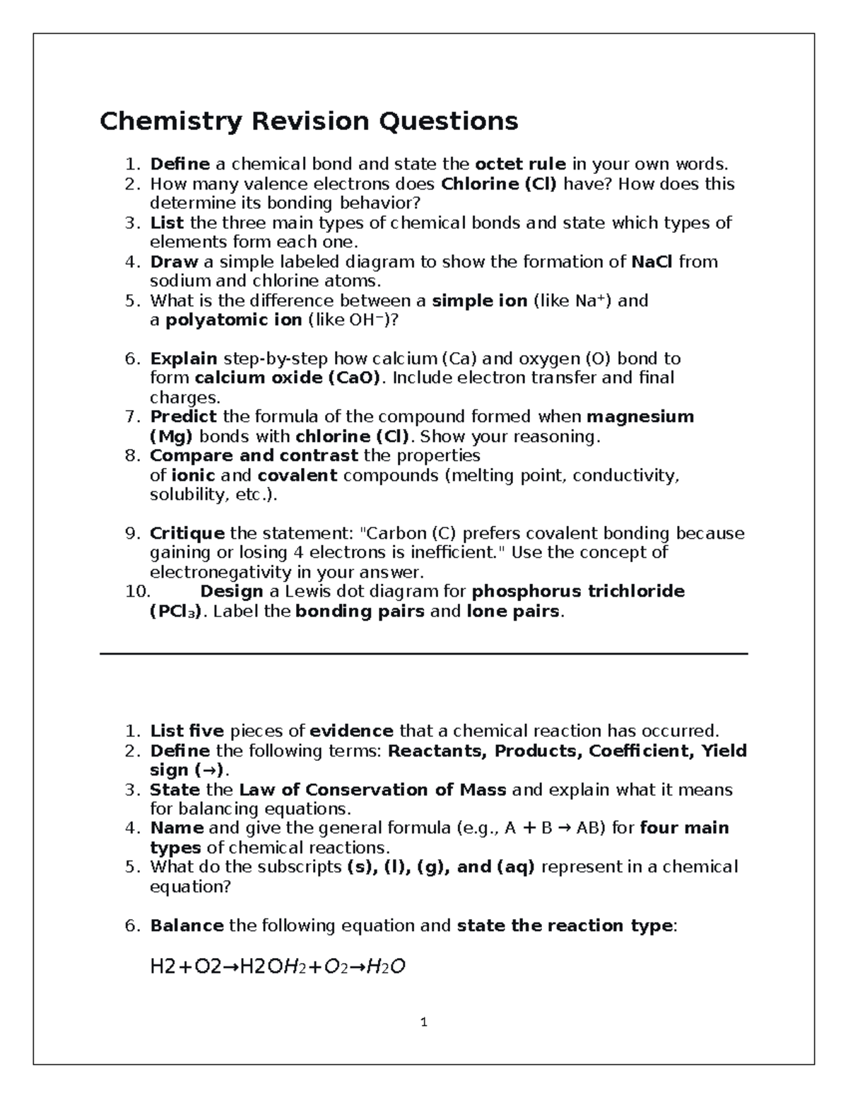 Chemistry Revision Questions for Term 2 (Course Code: a2738072) - Studocu
