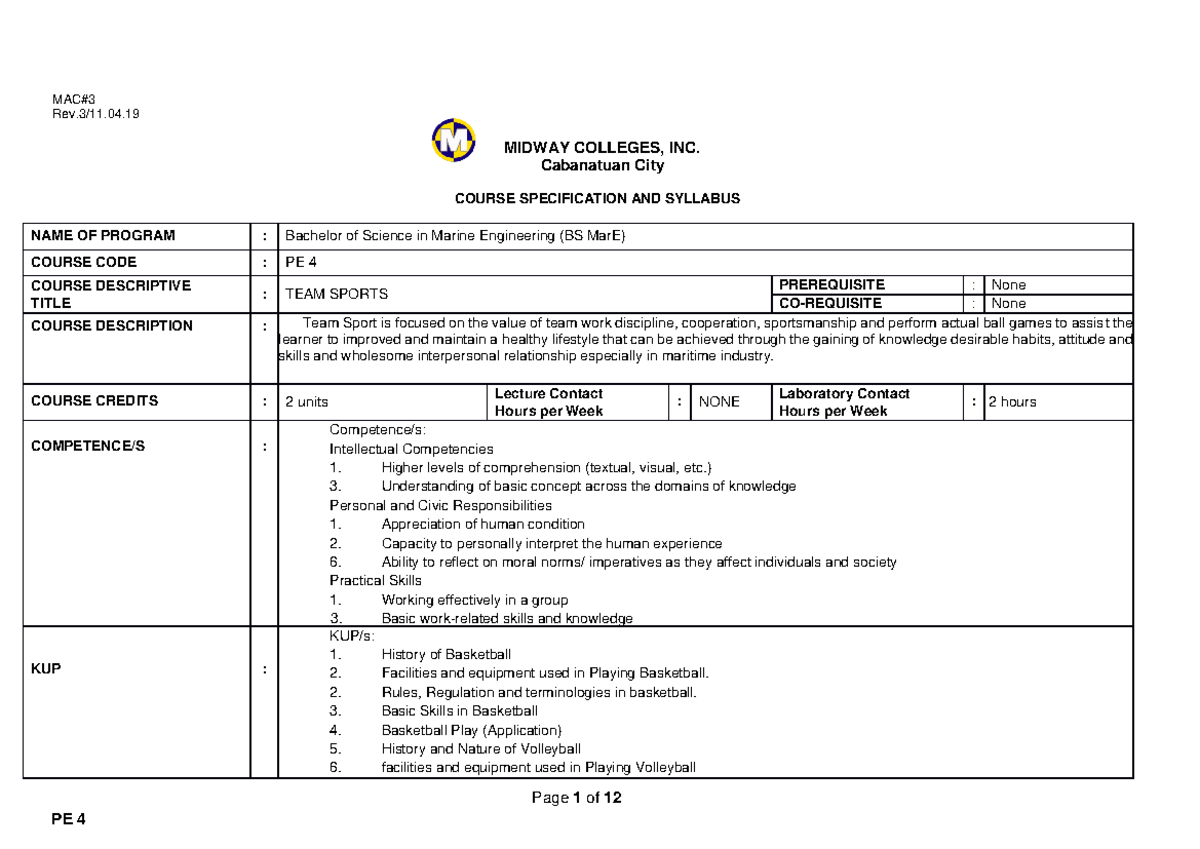 Revised PE 4 Syllabus - Team Sports Overview and Course Details - Studocu