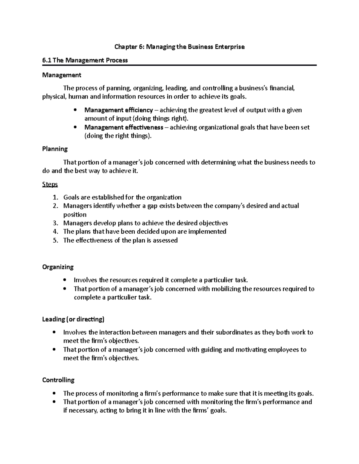 Chapter 6 Notes - Business 1000 - Chapter 6: Managing the Business ...