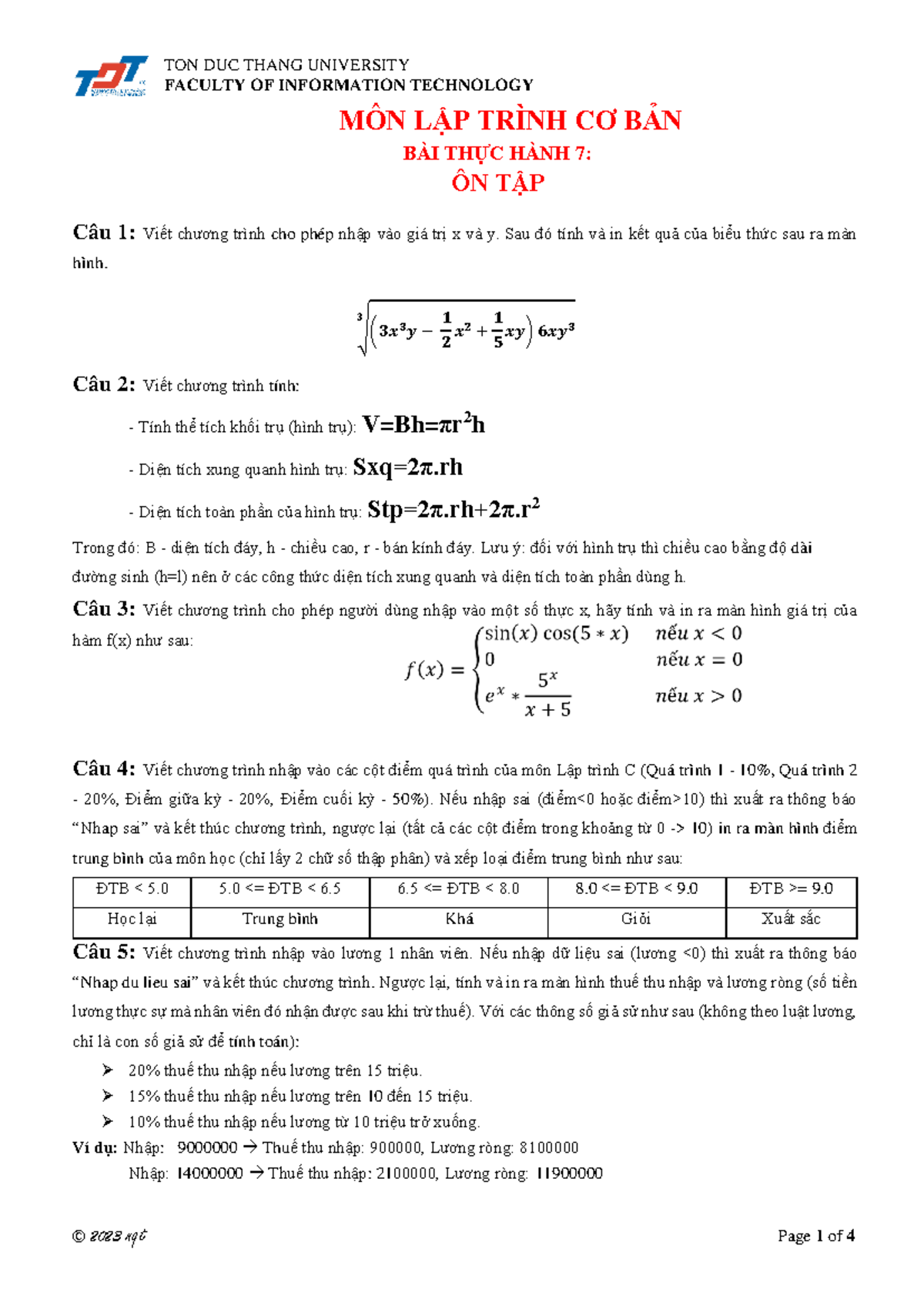 LTCB Lab 7 On Tap - C language - FACULTY OF INFORMATION TECHNOLOGY MÔN LẬP TRÌNH CƠ BẢN BÀI THỰC ...