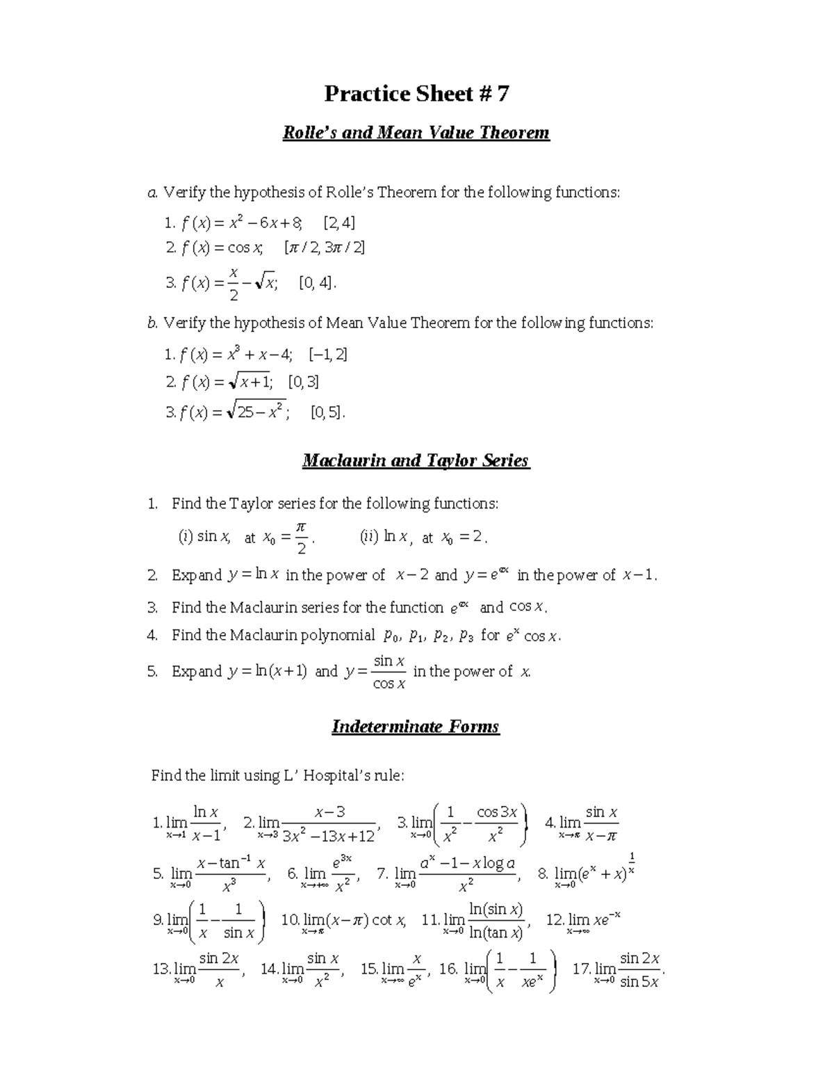 Practice Sheet 7: Rolle's, Mean Value Theorem & Series Expansions - Studocu