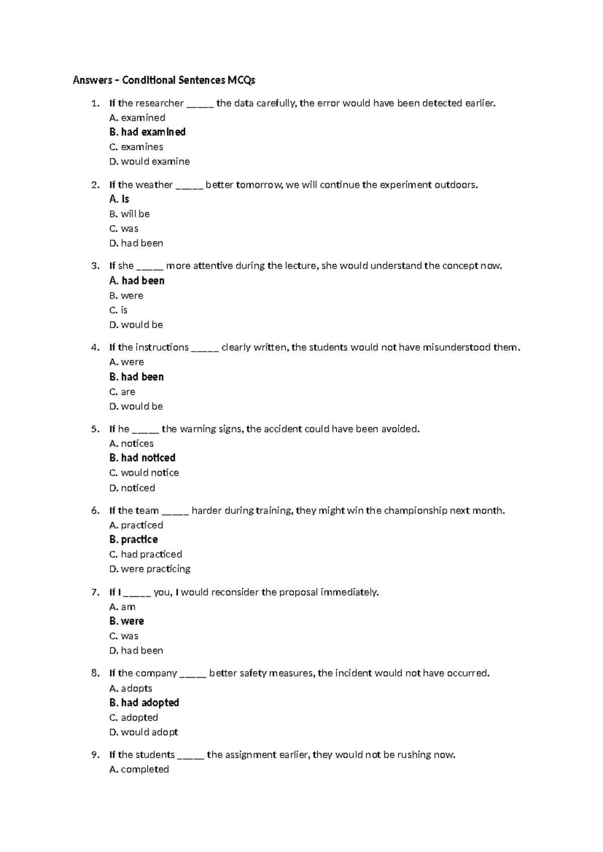 Conditionals MCQs Practice Answers for English 101 - Studocu