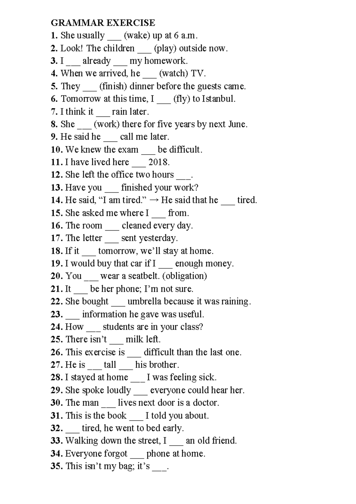 Grammar Exercise 1: Tenses and Sentence Structure Practice - Studocu