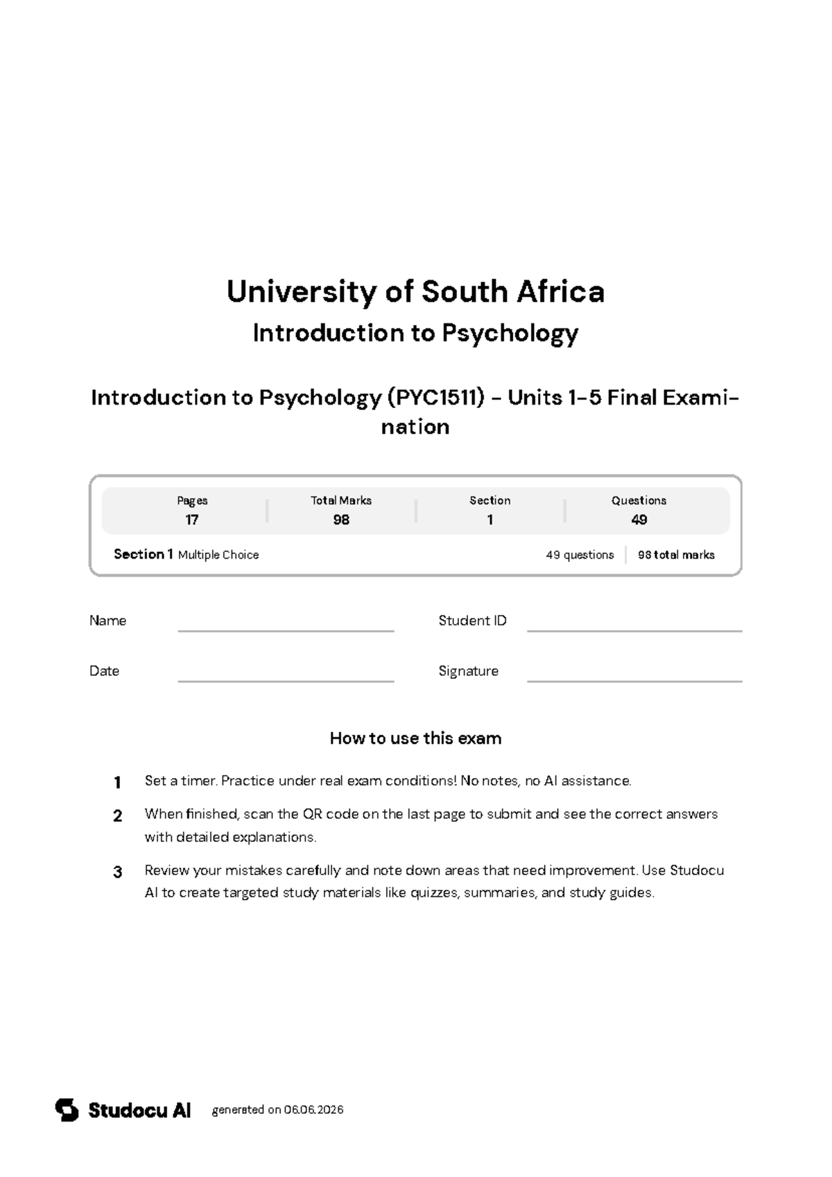 PYC1511 - Introduction to Psychology Final Exam - Studocu