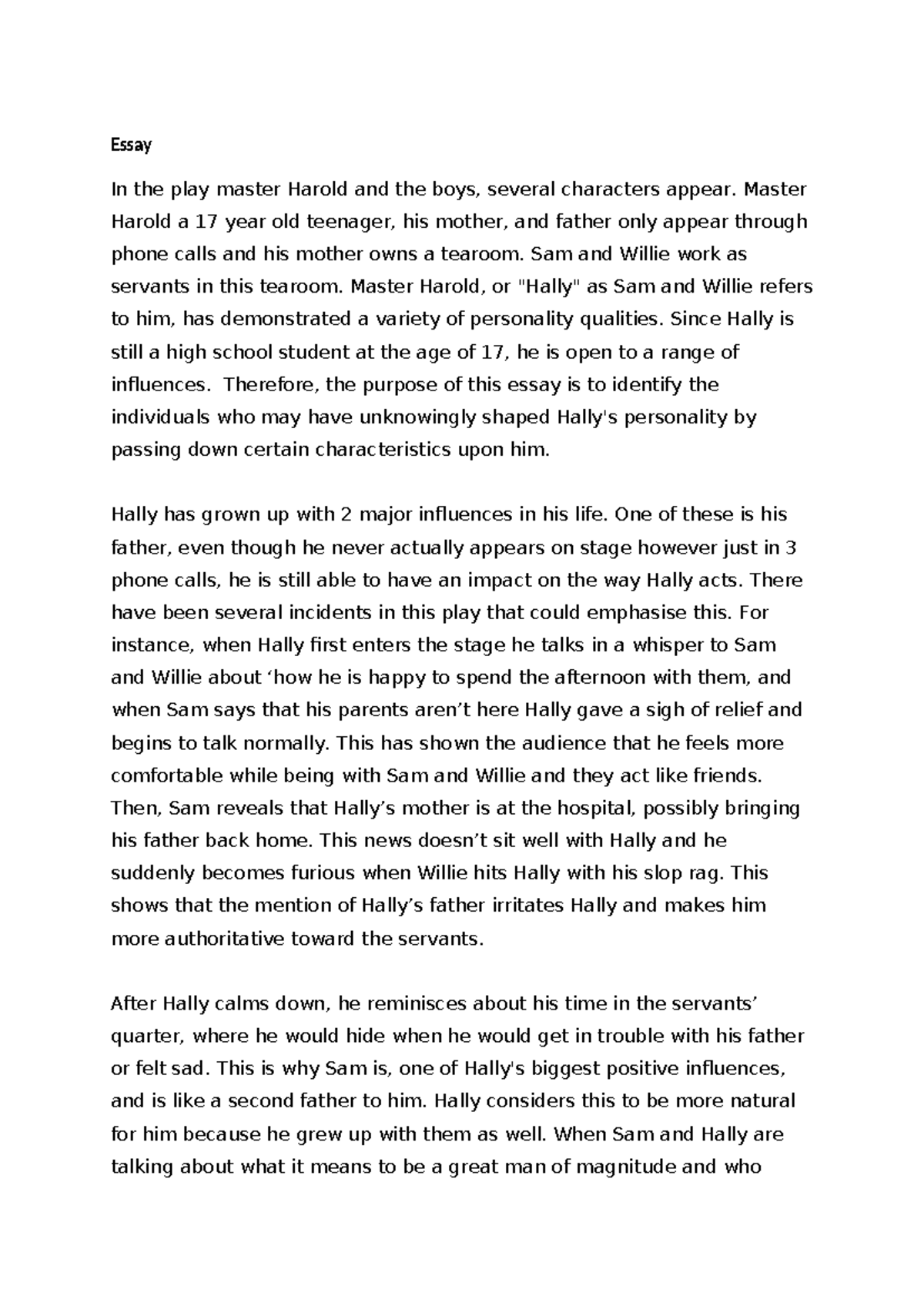 Essay Notes: Master Harold and the Boys Analysis (ENG 101) - Studeersnel