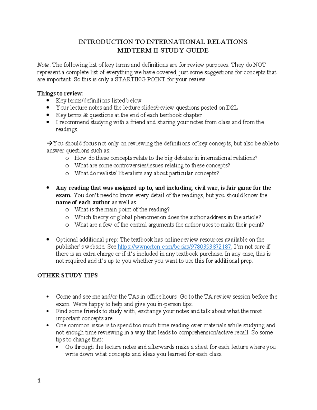 International Relations IR 101 Midterm II Study Guide: Key Terms ...
