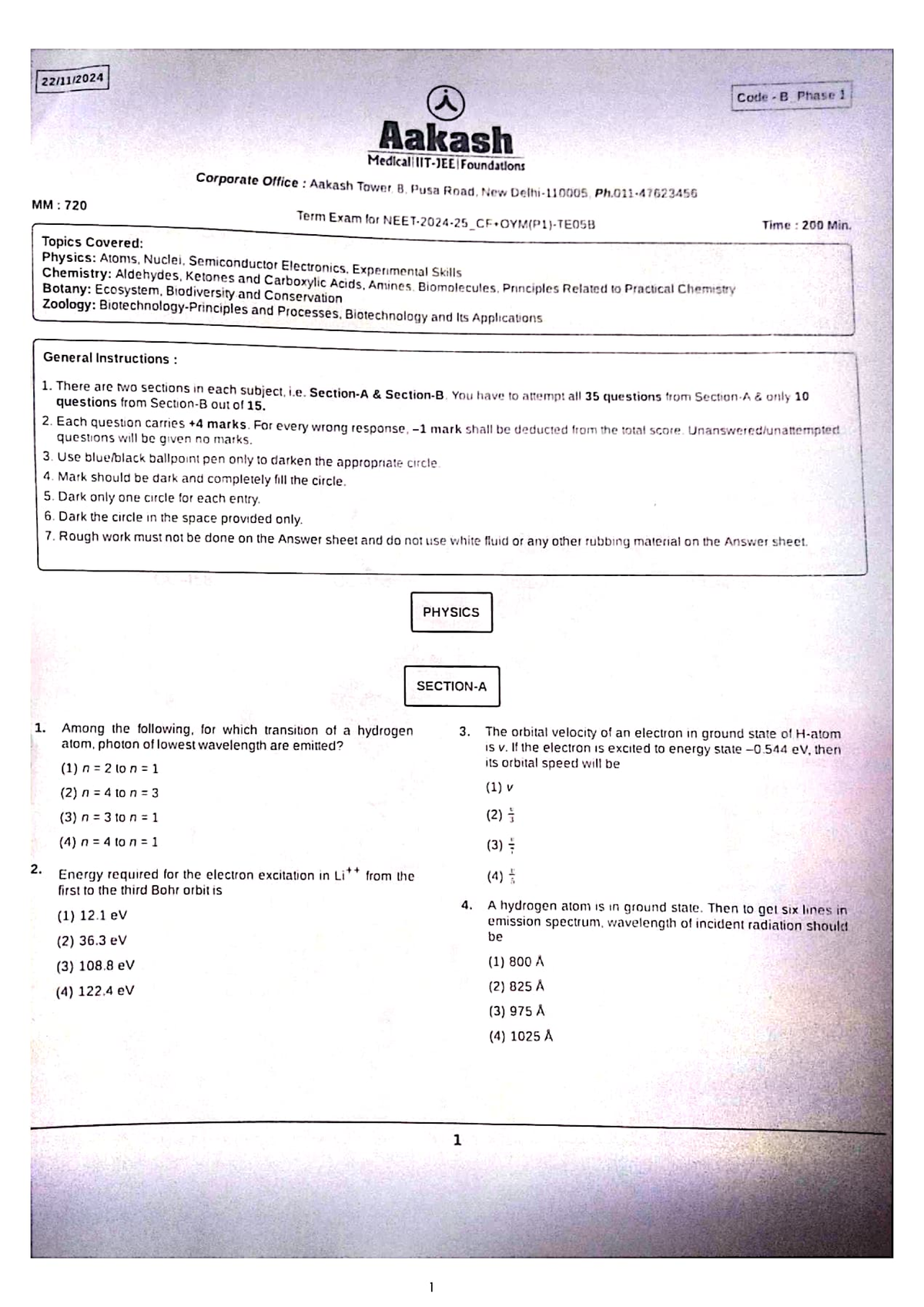 TE05 Term Exam - Aakash Medical Foundation (Physics, Chemistry, Biology) - Studocu