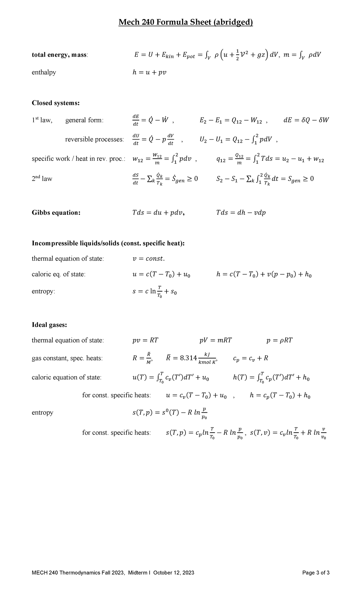 M1 formula sheet - MECH 240 Thermodynamics Fall 2023, Midterm I October ...