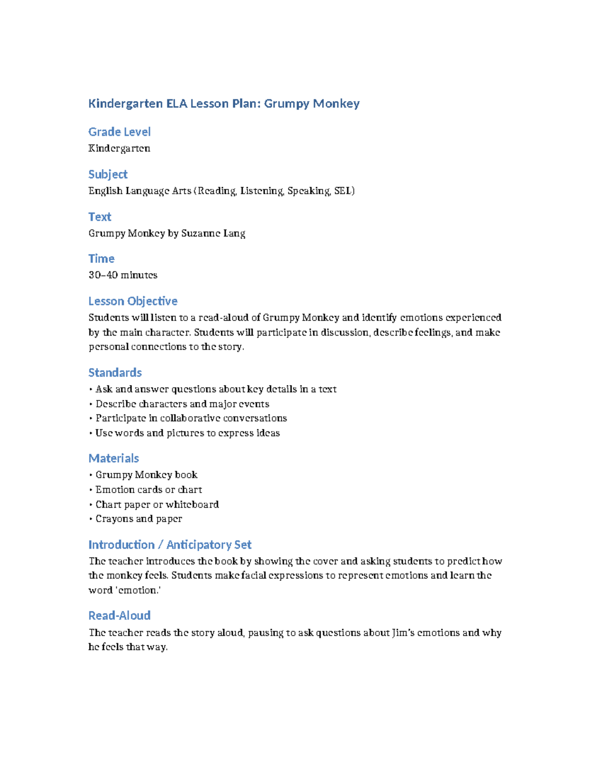 Kindergarten ELA Lesson Plan: Grumpy Monkey Activities - Studocu