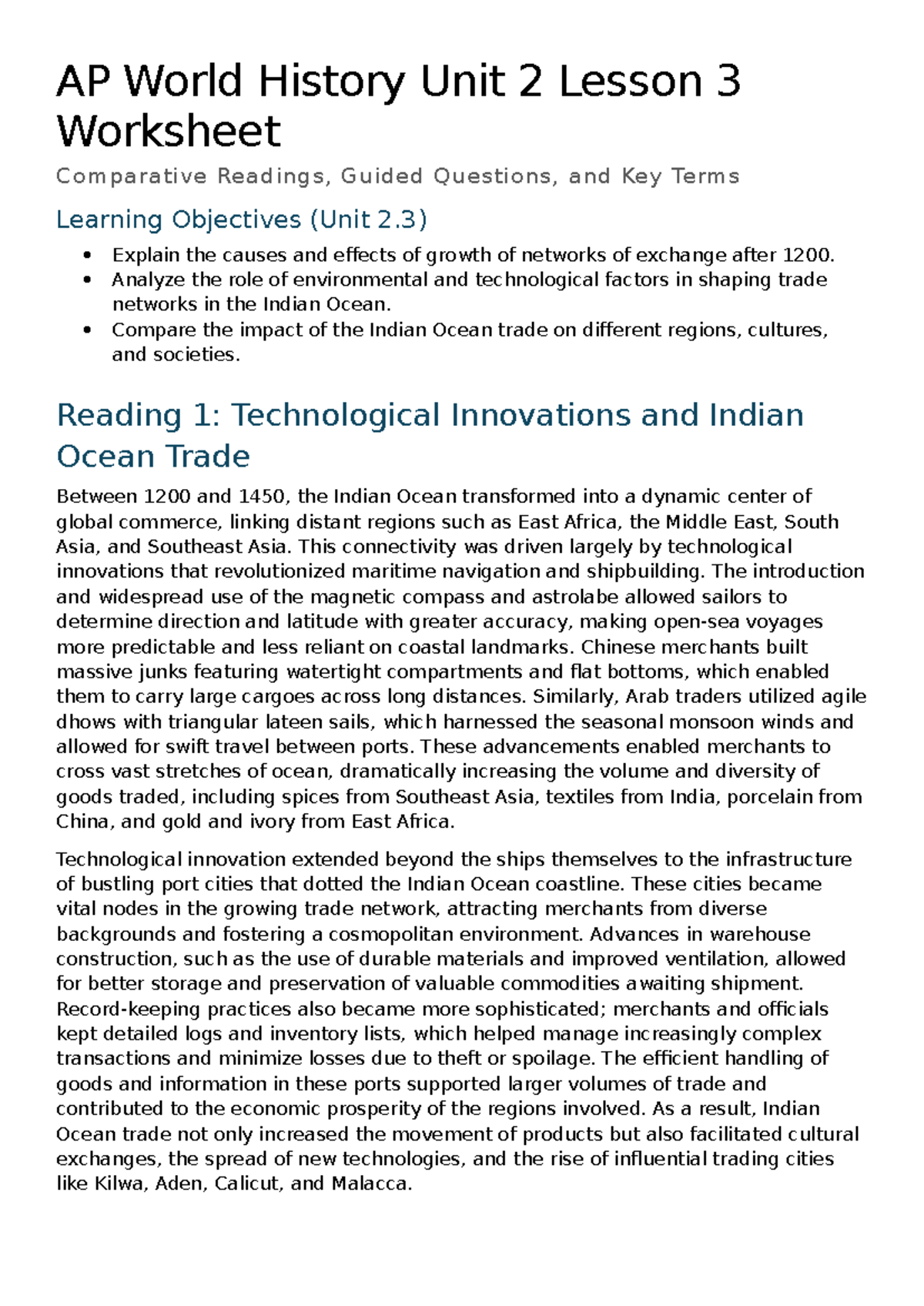 AP World History Unit 2.3 Comparative Readings & Guided Questions ...