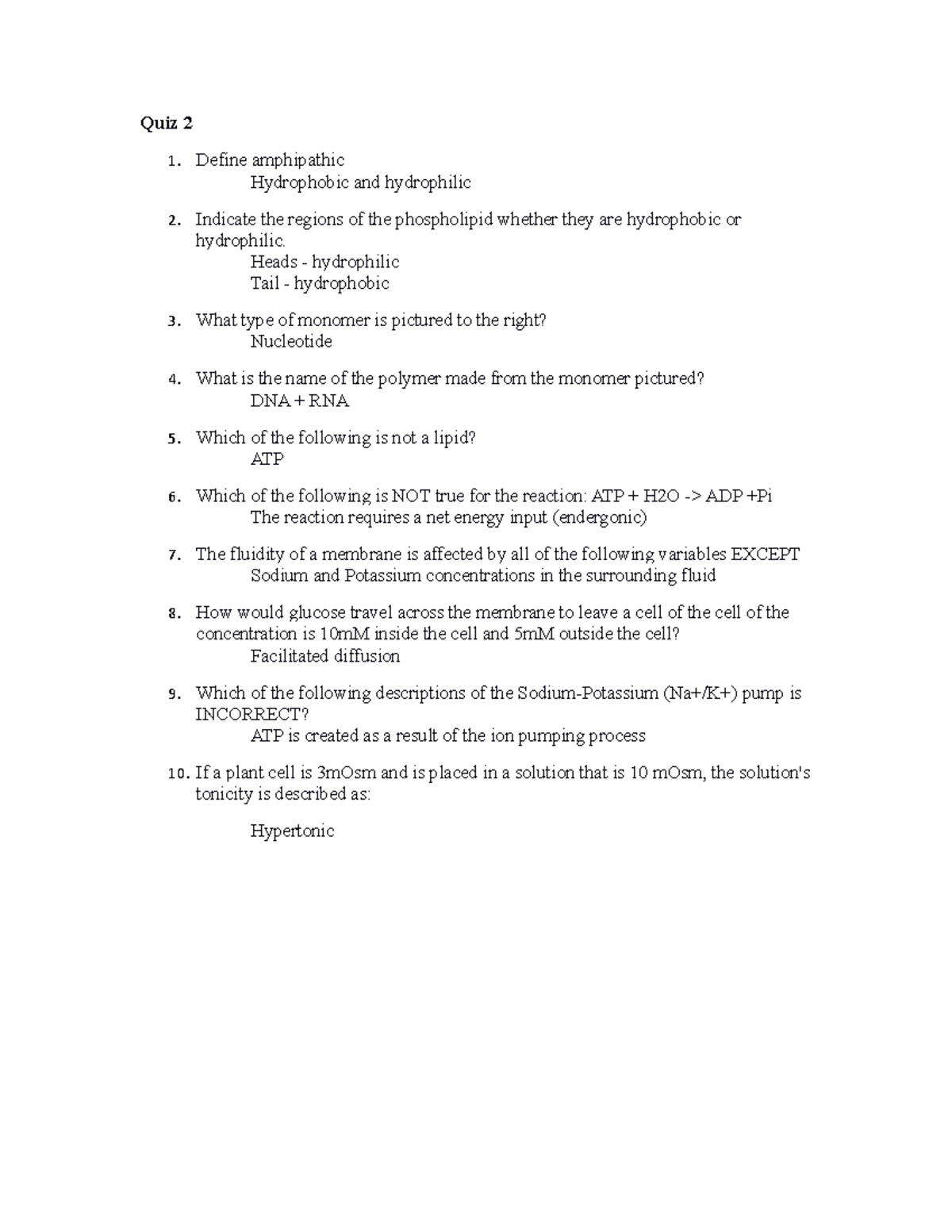 Quiz 2 bio - quiz for macromolecules - Quiz 2 1. Define amphipathic ...