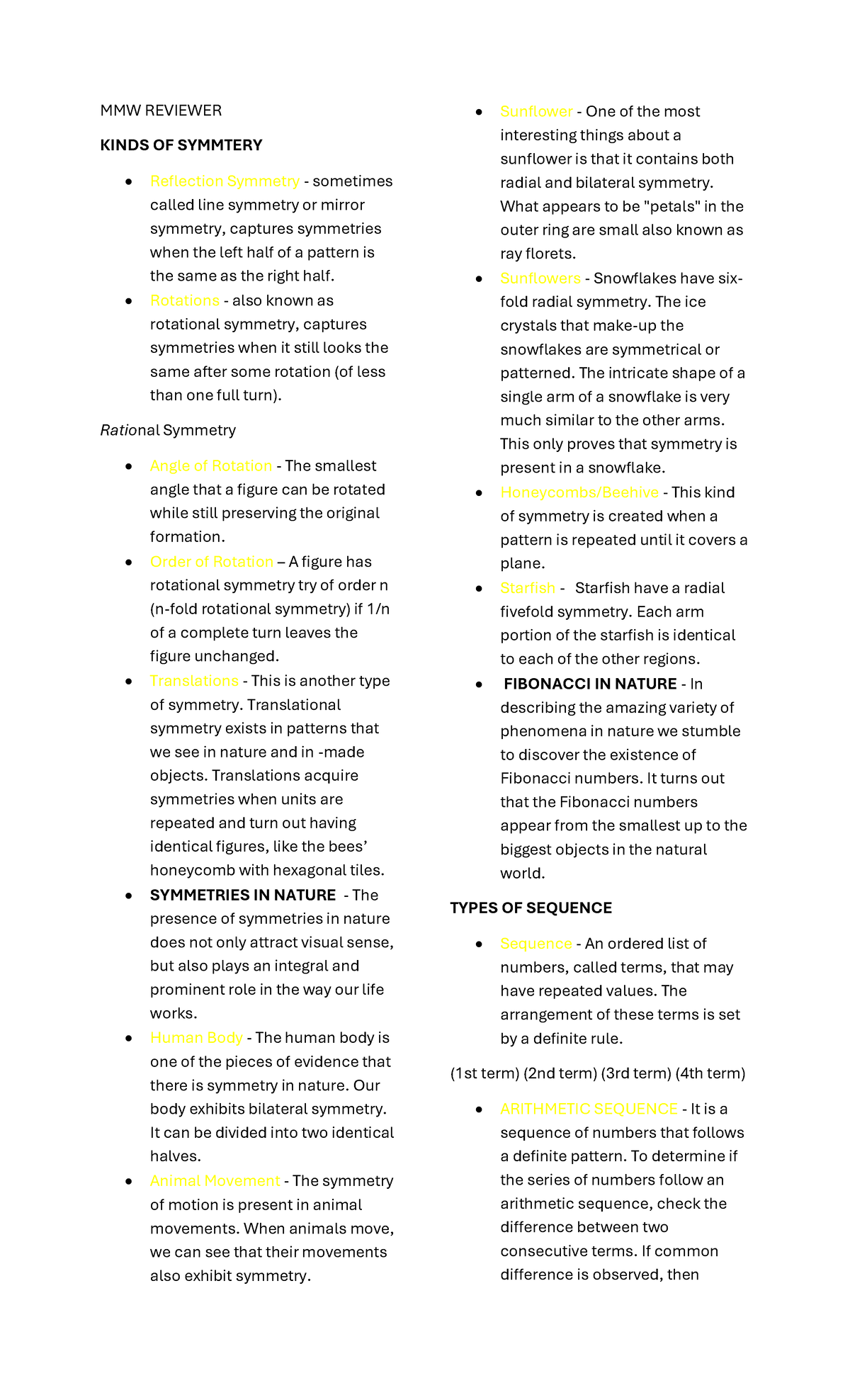 MMW - Review of Symmetry and Sequences in Nature and Math - Studocu