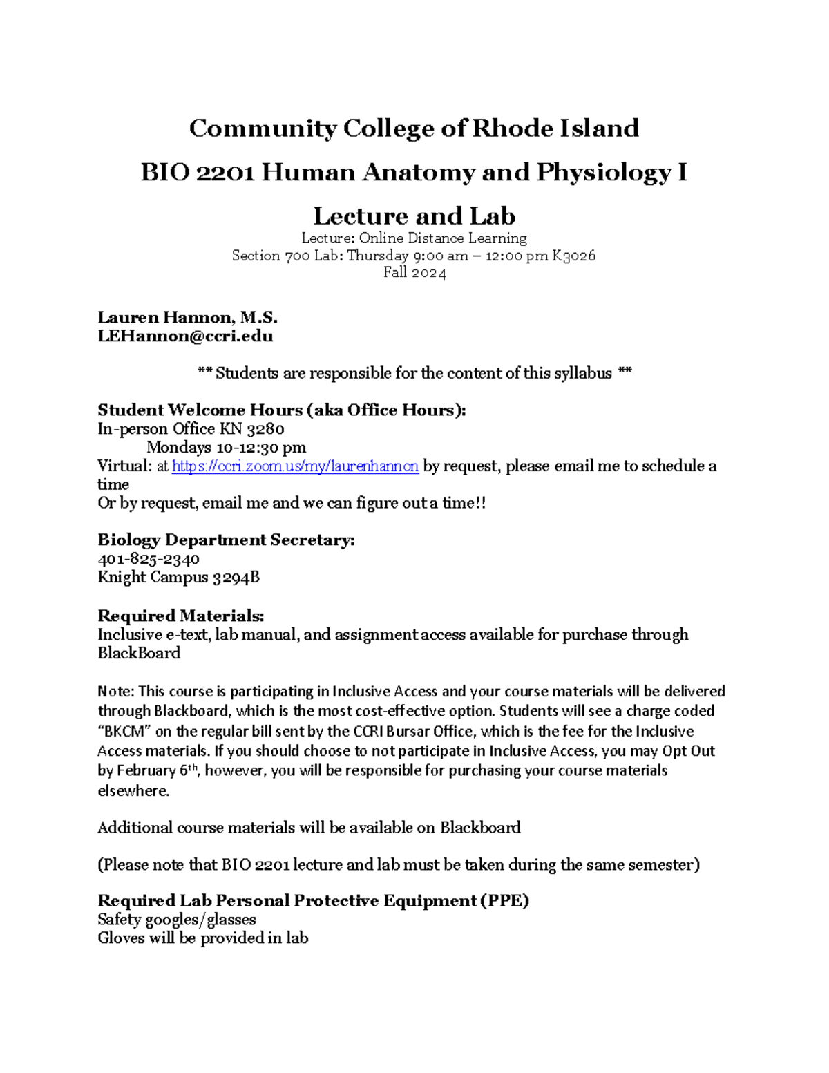 BIO 2201 Human Anatomy & Physiology I Lecture & Lab Syllabus - Fall 2024 - Studocu
