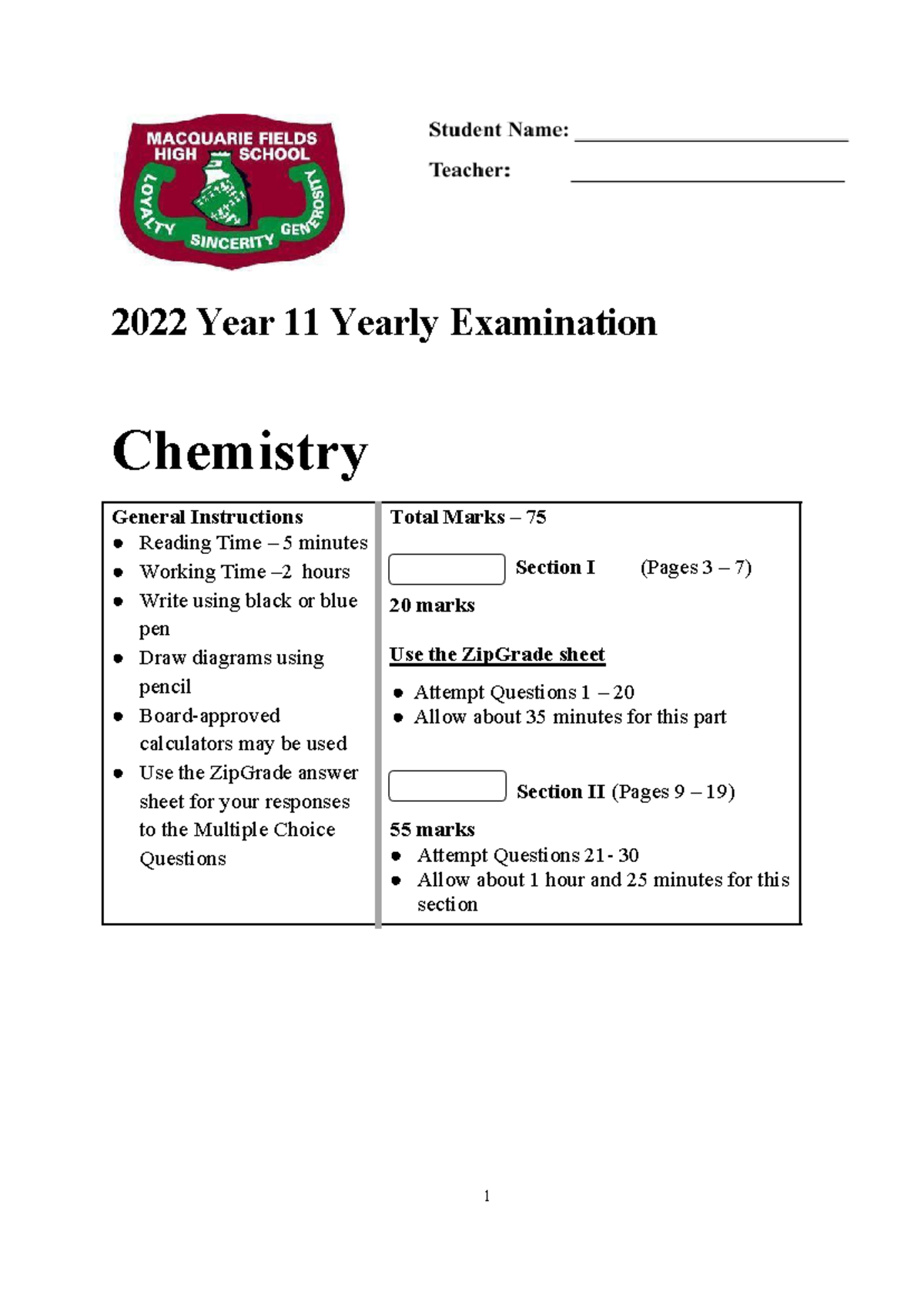 2022 Year 11 Chemistry Final Exam Instructions & Question Guide - Studocu
