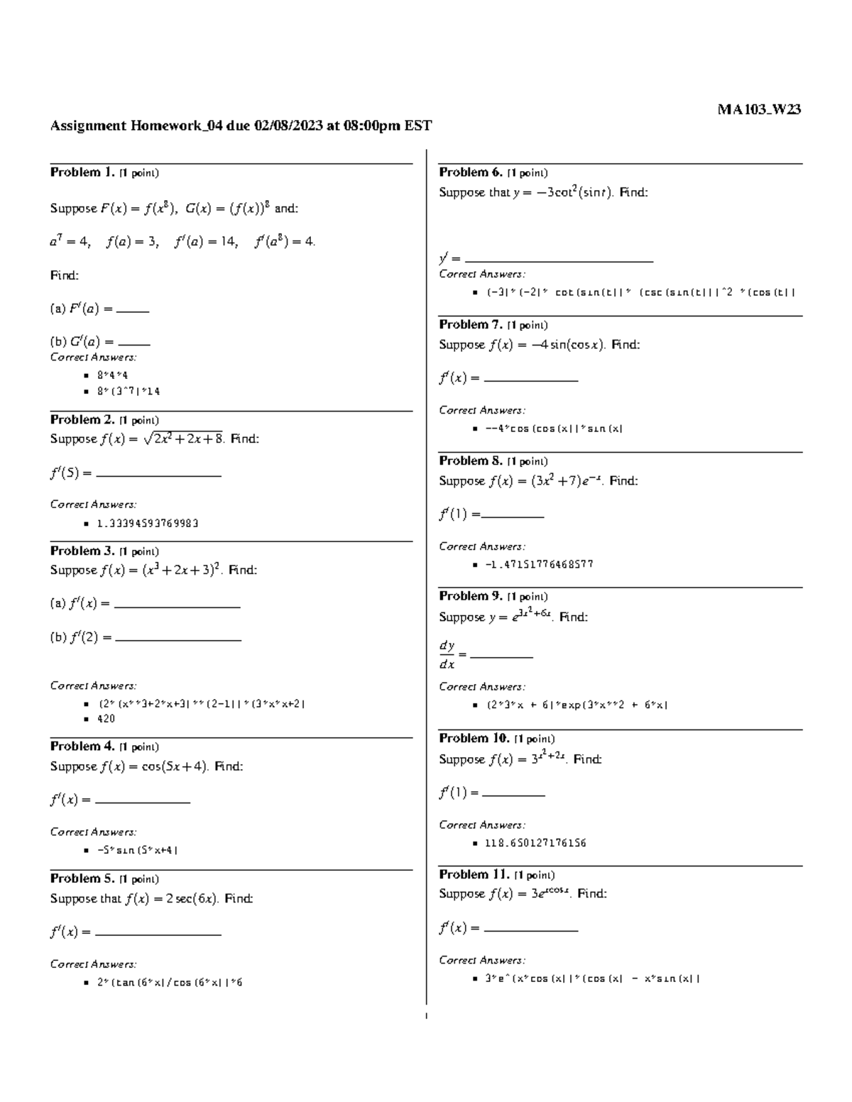 MA103 W23 - Webwork Assignment 04 Solutions and Key Points - Studocu