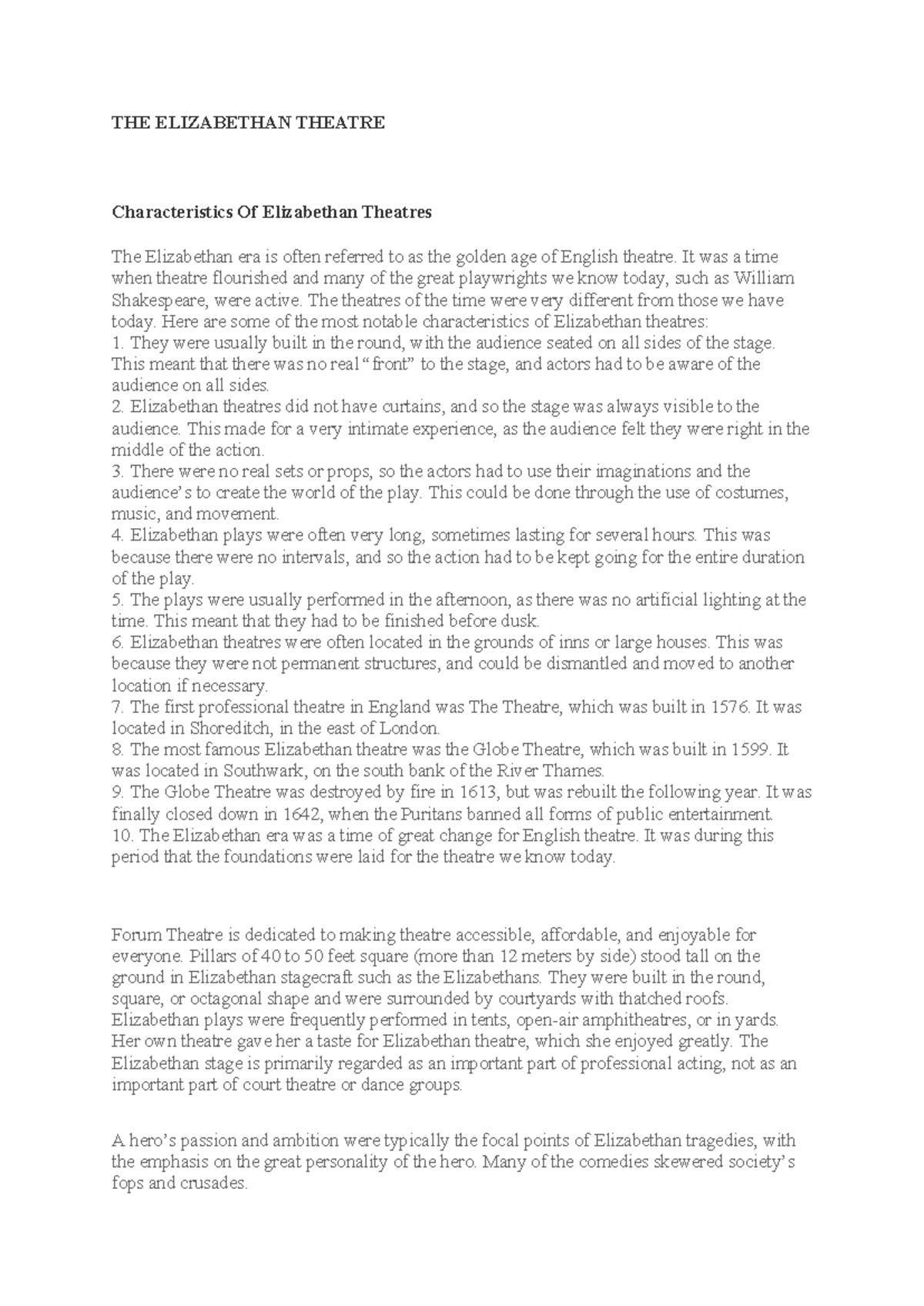 Elizabethan Theatre Characteristics and Shakespeare's Influence - Studocu