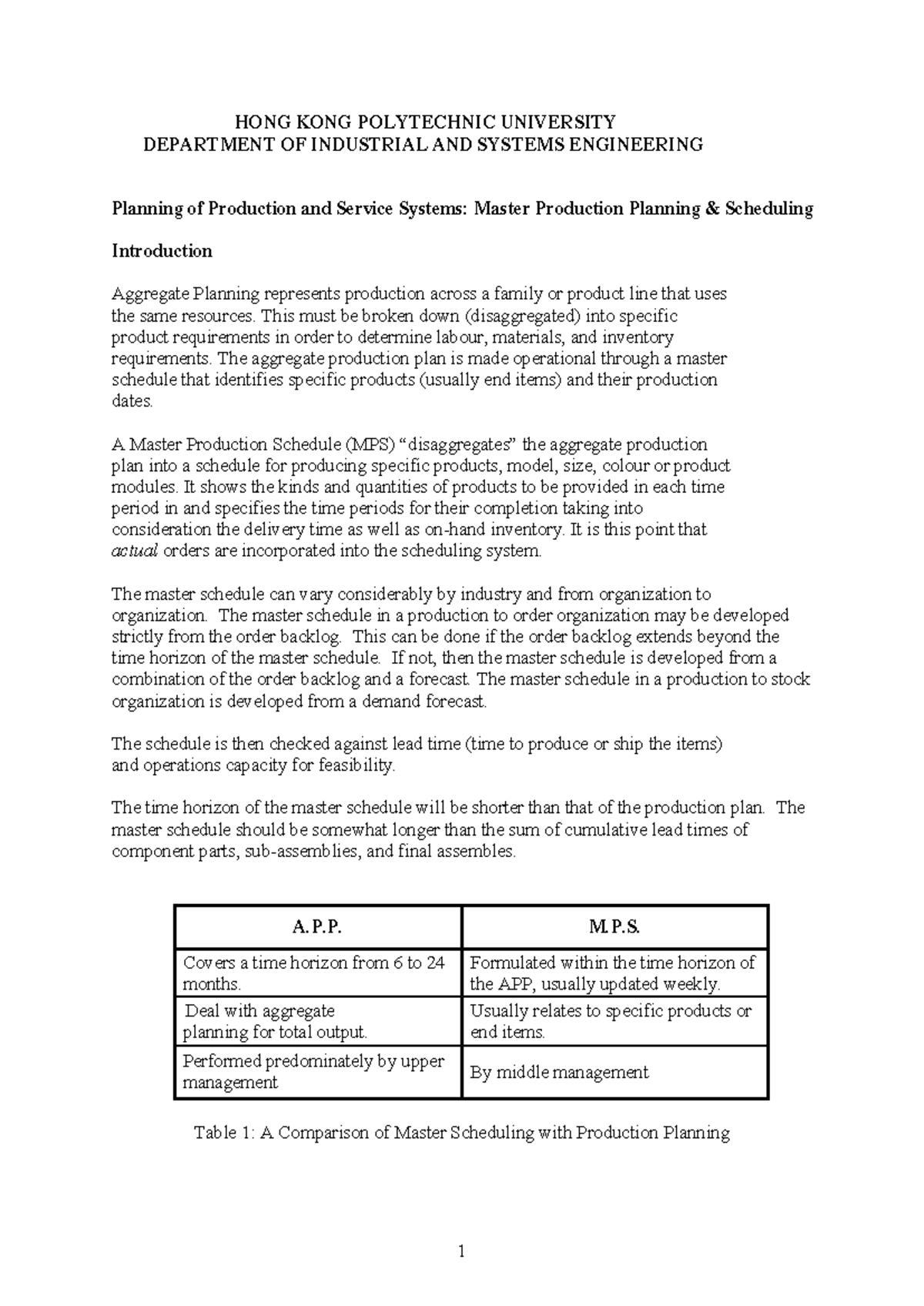 MPS Notes for Lect 7: Master Production Planning & Scheduling - Studocu