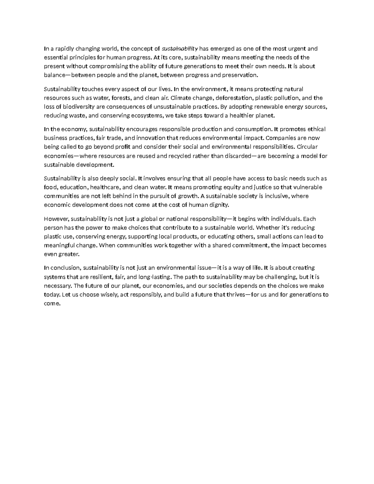 Sustainability: A Comprehensive Essay on Principles and Practices - Studocu
